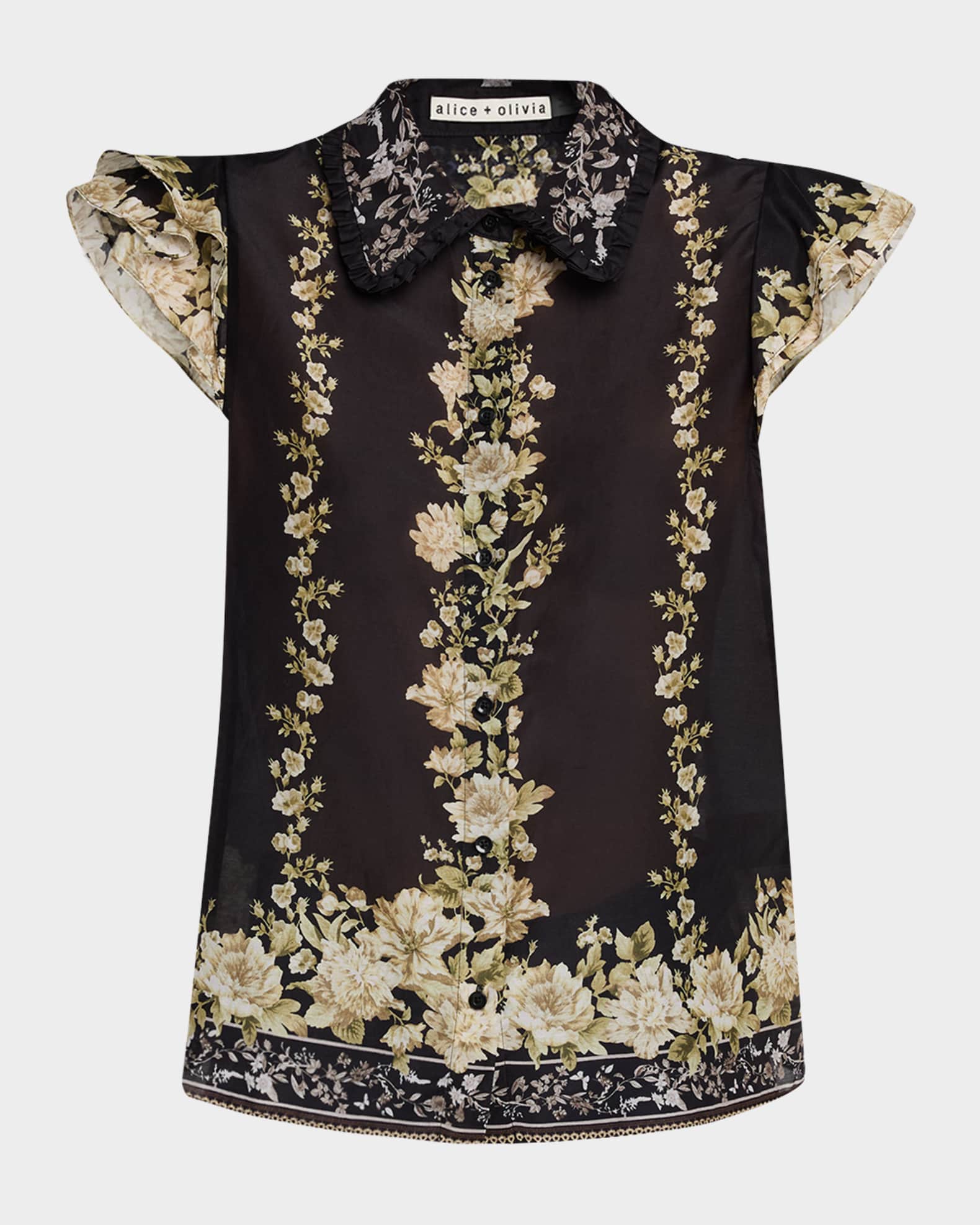 ALICE + OLIVIA Martel Floral Flutter-Sleeve Blouse | Neiman Marcus