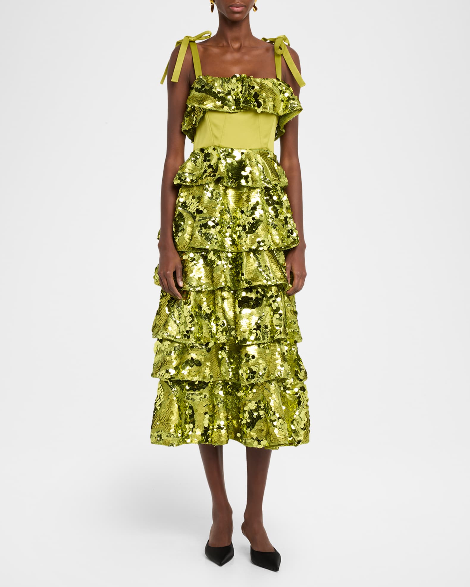 AKNVAS Asta Sequined Ruffle Midi Dress | Neiman Marcus