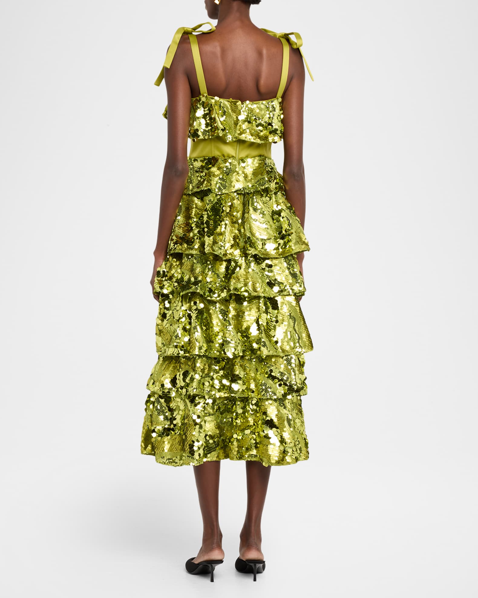 AKNVAS Asta Sequined Ruffle Midi Dress | Neiman Marcus
