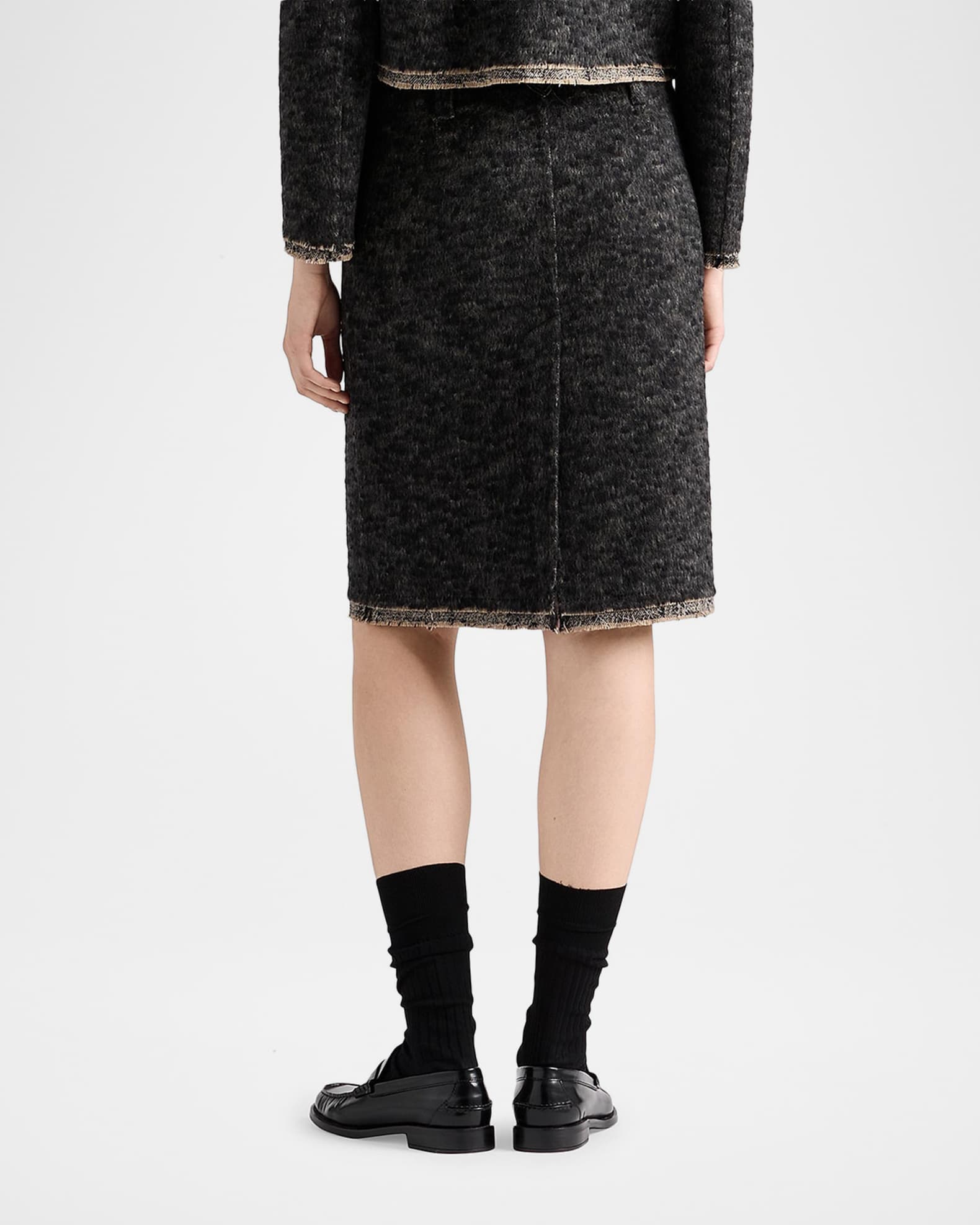Prada Triangle-Logo Tweed Midi Skirt | Neiman Marcus