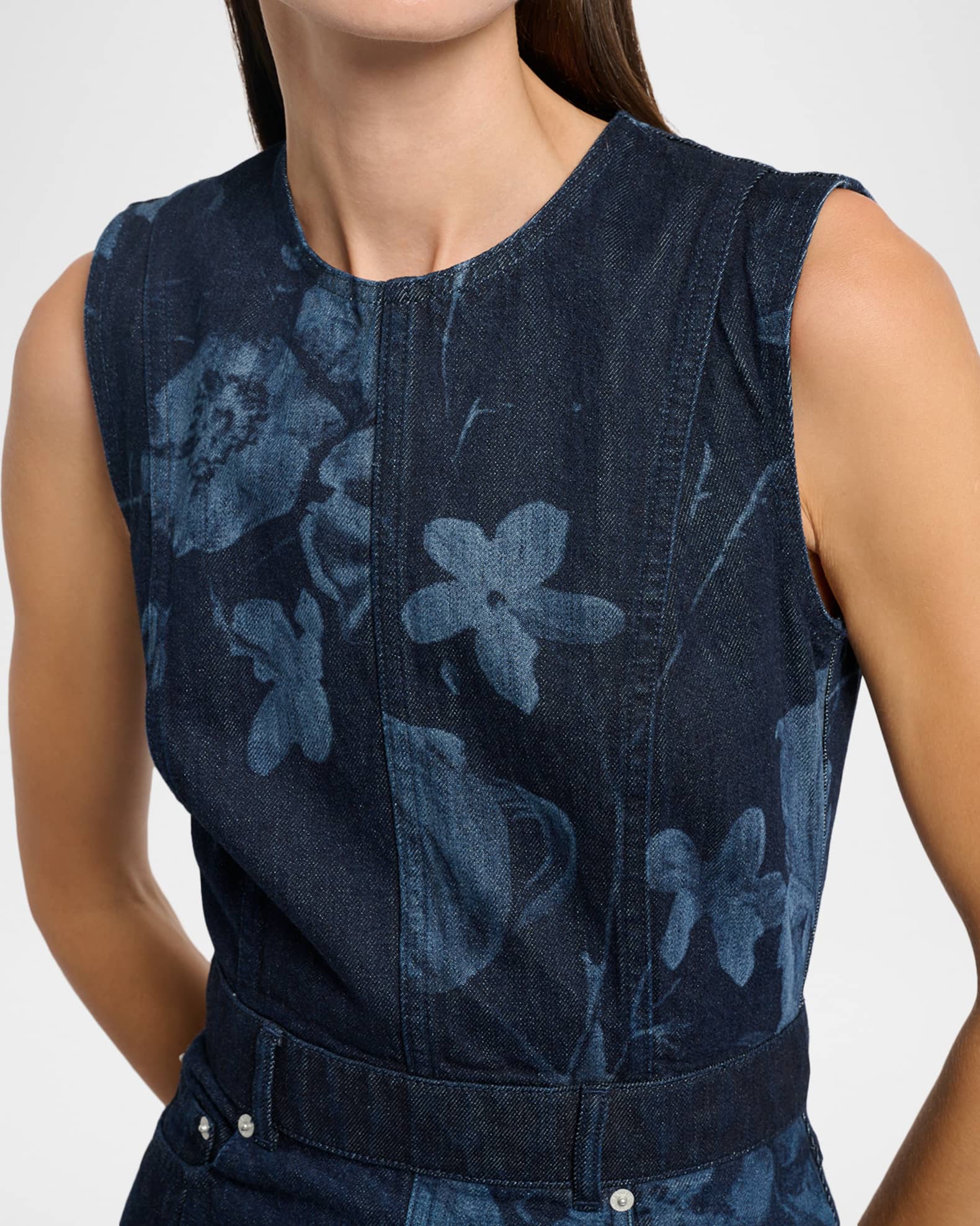 Erdem Floral-Print Denim Sleeveless Flute Midi Dress | Neiman Marcus