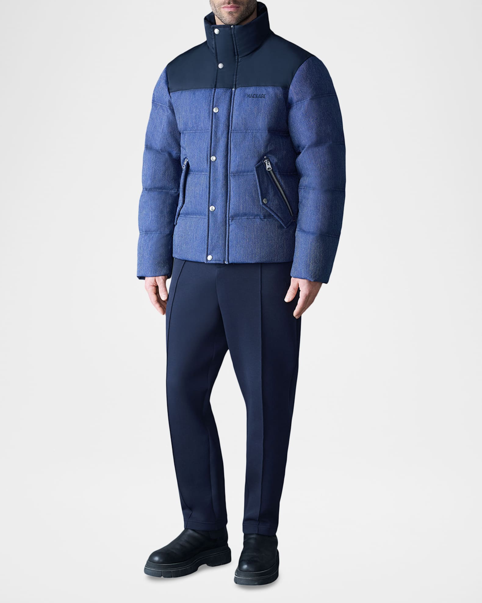 Mackage Men's Everett Technical Denim Puffer Jacket | Neiman Marcus