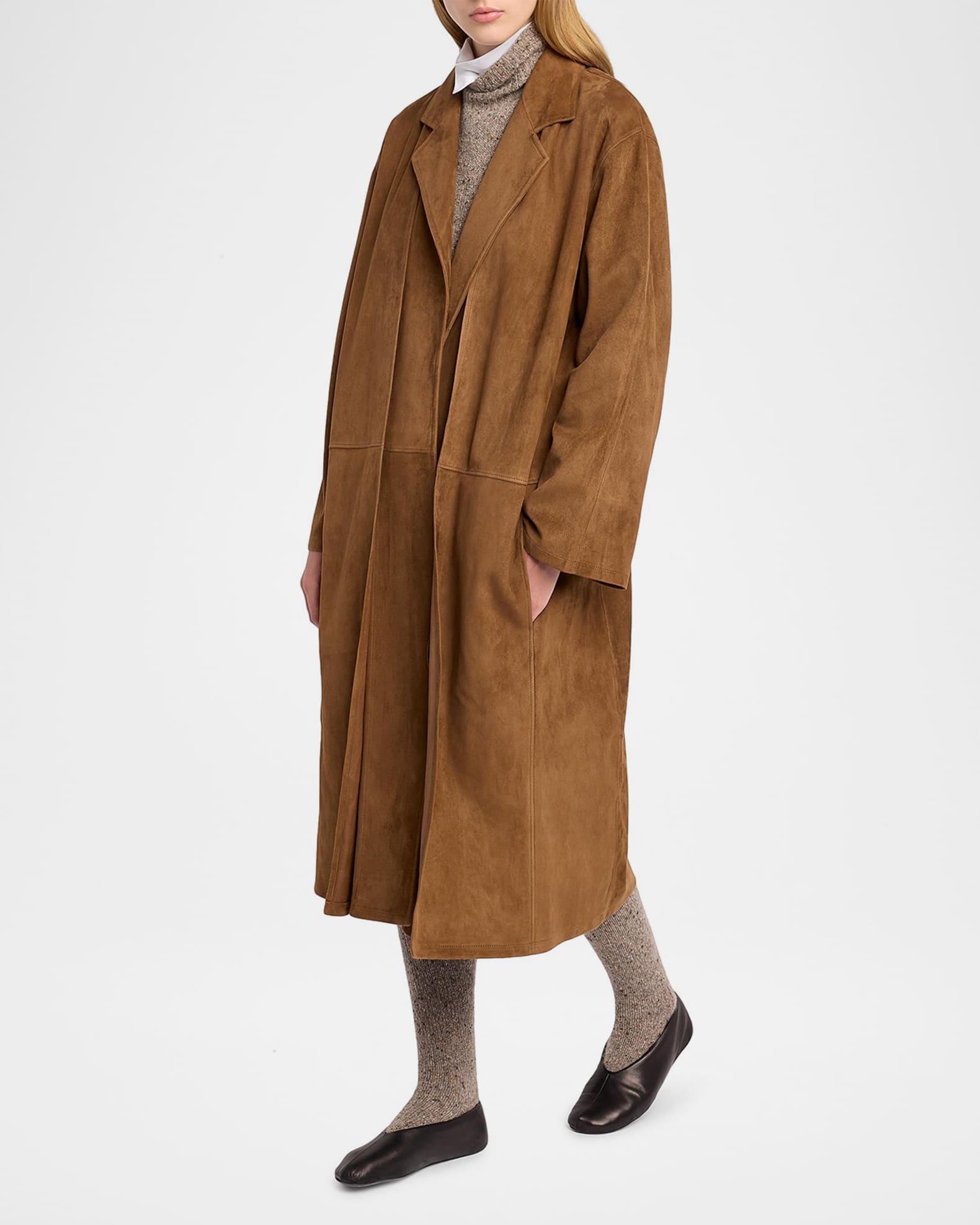 THE ROW Serenis Layered Suede Open Coat | Neiman Marcus