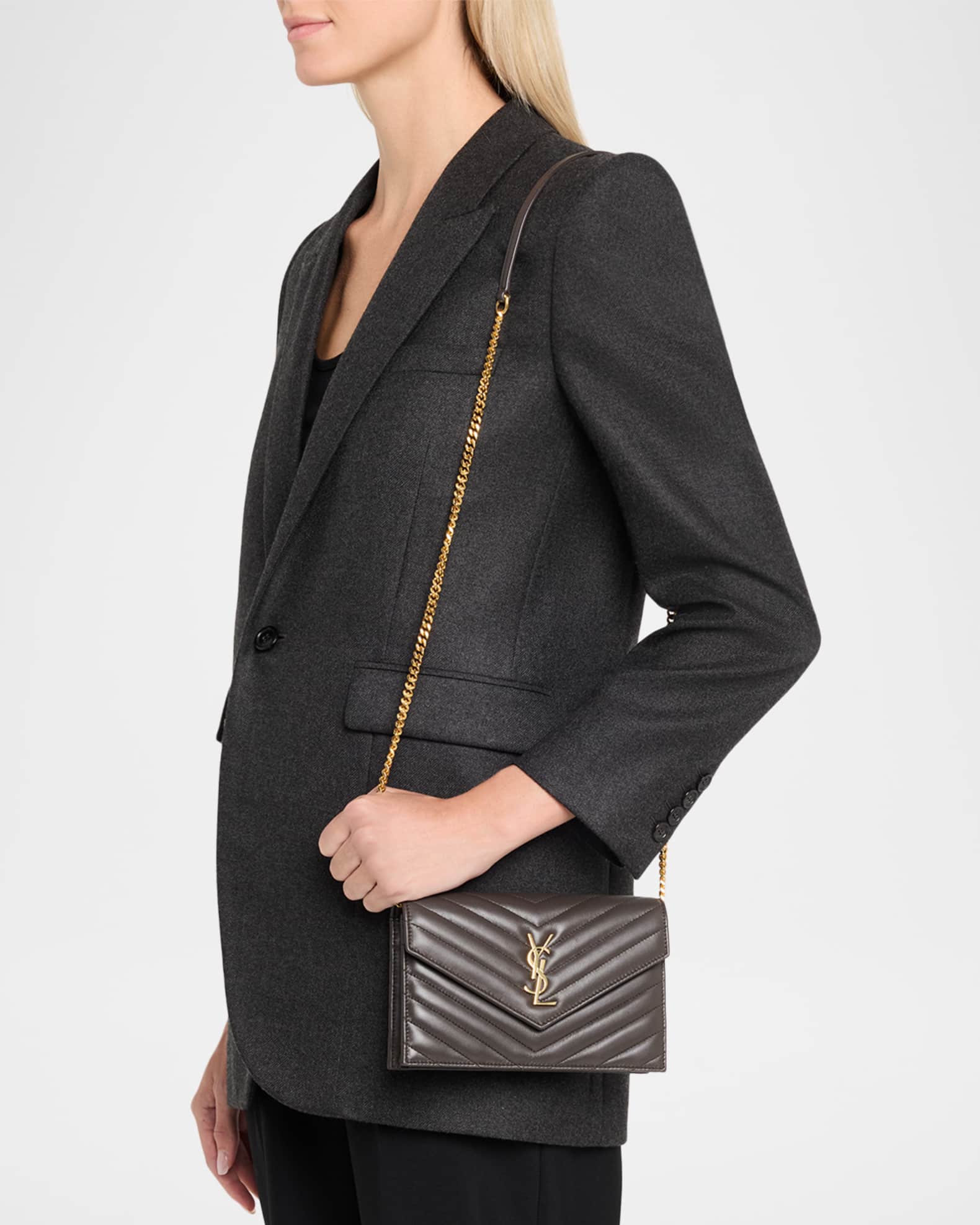Saint Laurent Small YSL Wallet on Chain in Grain Leather | Neiman Marcus