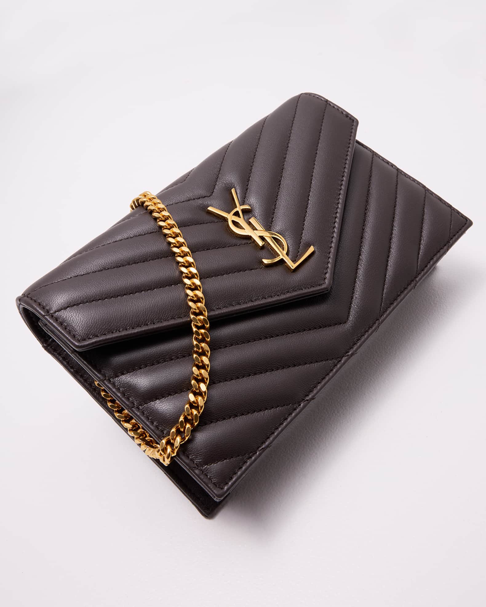 Saint Laurent Small YSL Wallet on Chain in Grain Leather | Neiman Marcus