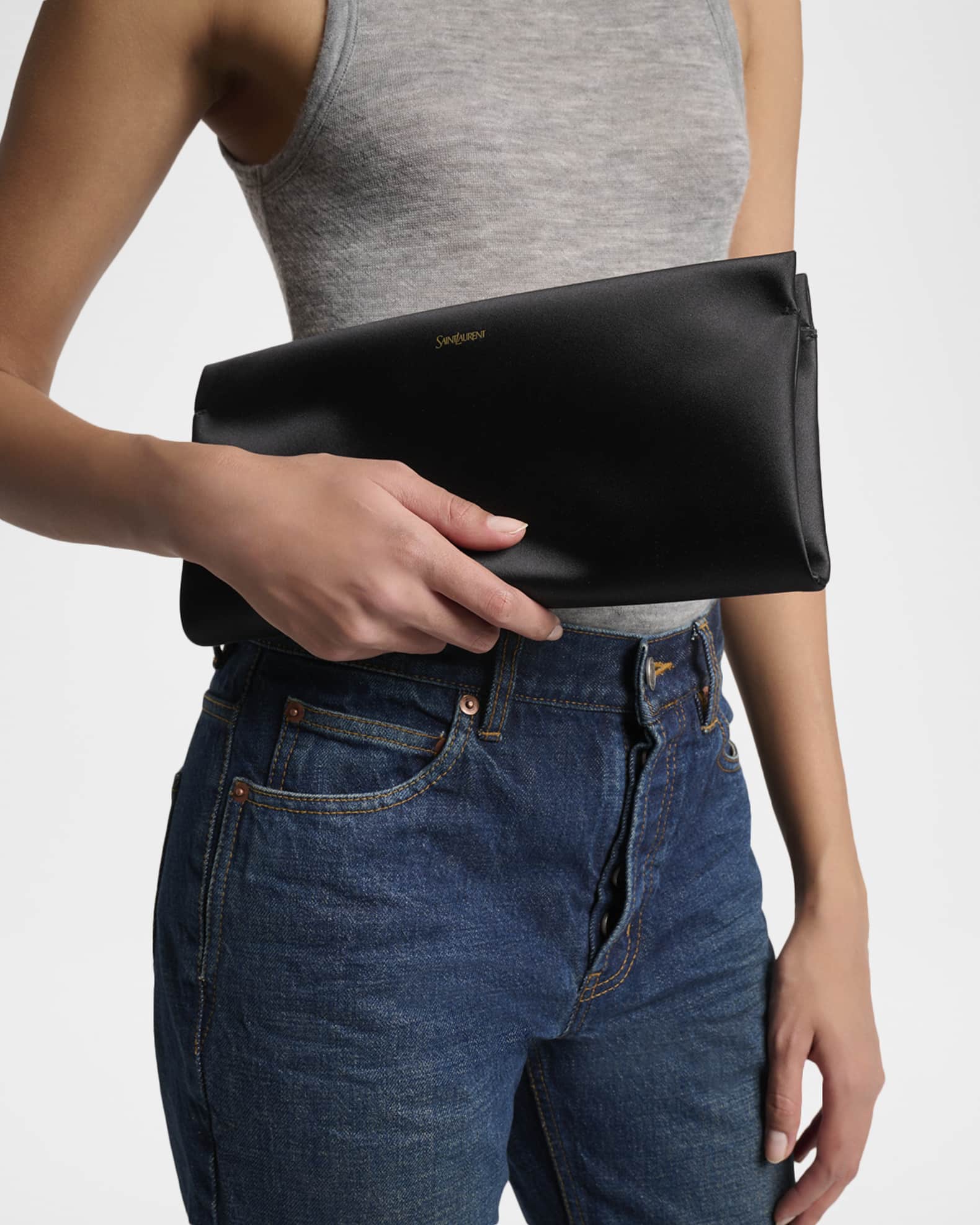 Saint Laurent Soft YSL Clutch Bag in Satin | Neiman Marcus