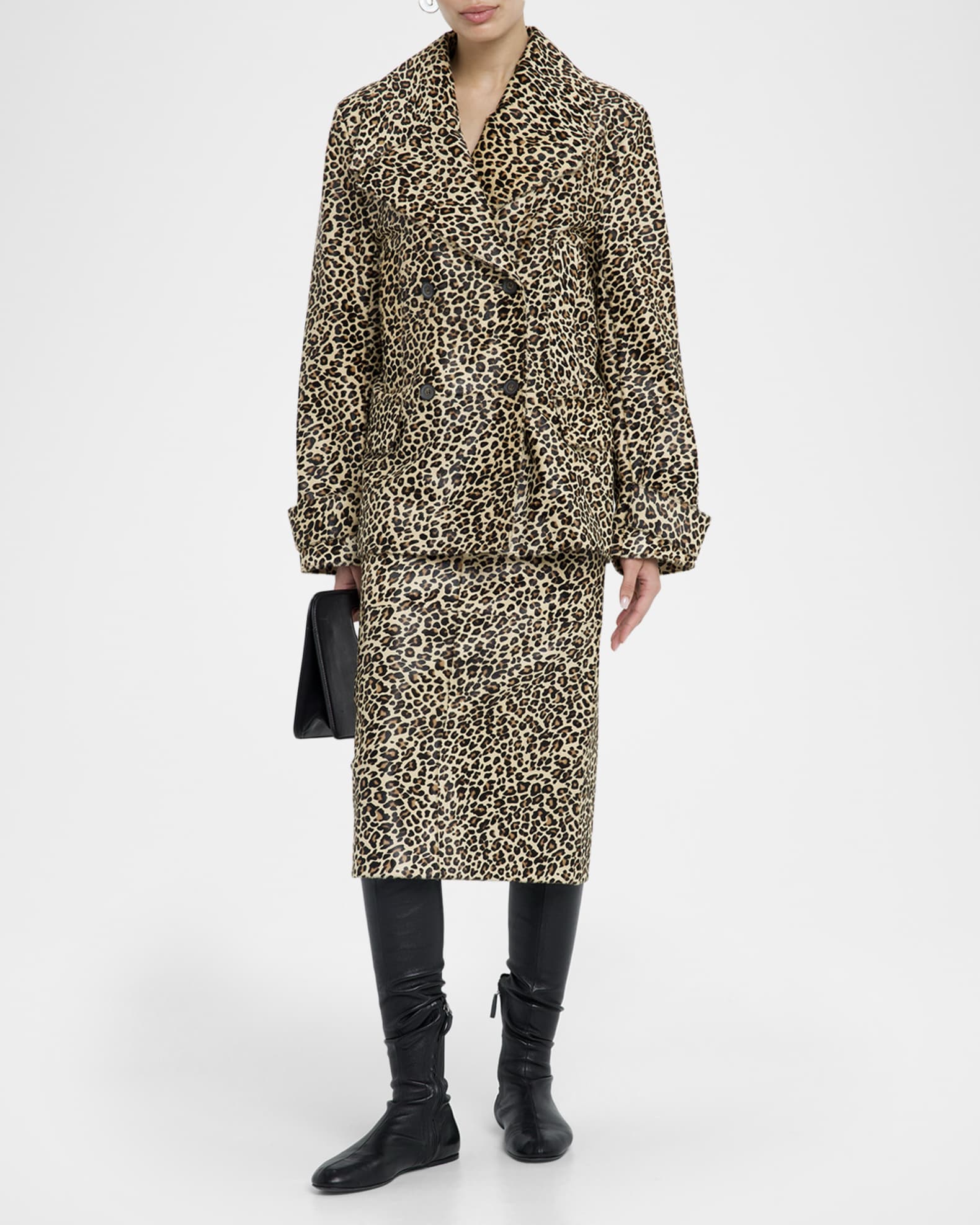 Co Leopard-Print Ponyhair Double-Breasted Short Peacoat | Neiman Marcus