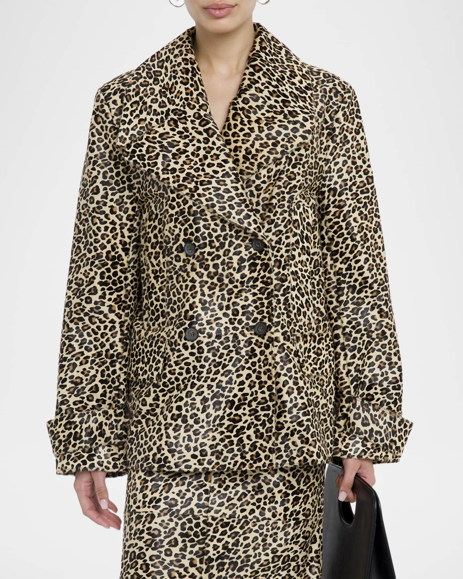 Co Leopard-Print Ponyhair Double-Breasted Short Peacoat | Neiman Marcus
