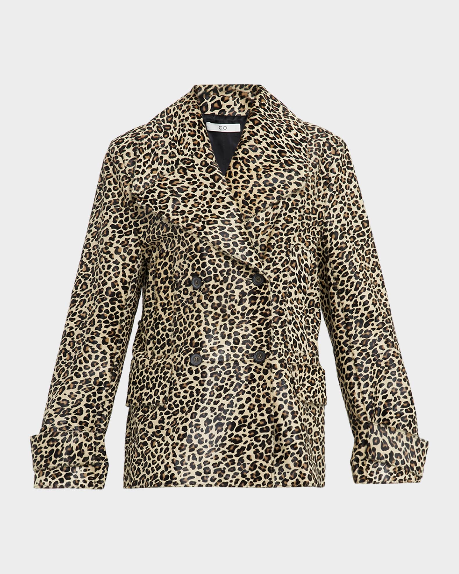 Co Leopard-Print Ponyhair Double-Breasted Short Peacoat | Neiman Marcus