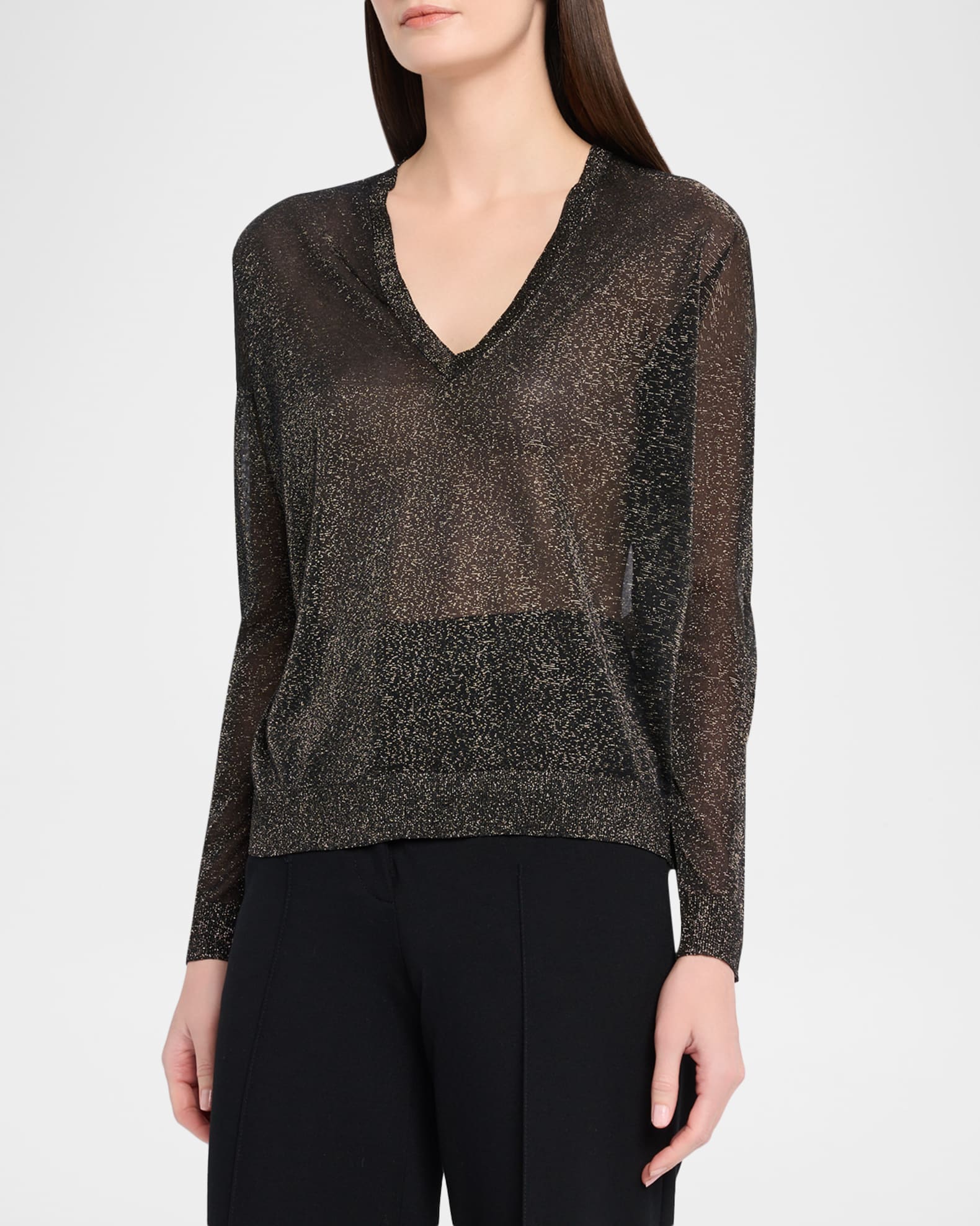 Co Metallic Sheer Knit V-Neck Sweater | Neiman Marcus