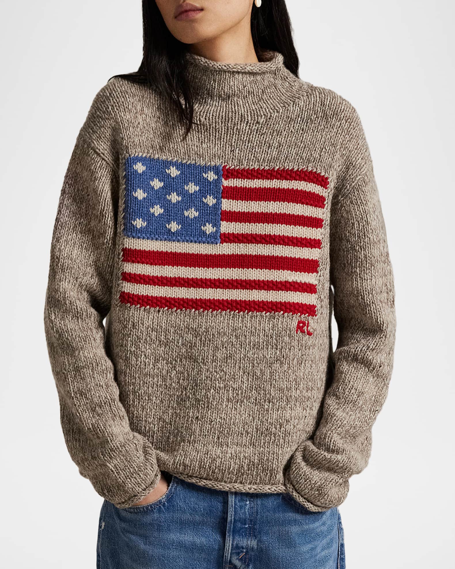 Polo Ralph Lauren Wool-Blend Embroidered Flag Sweater | Neiman Marcus