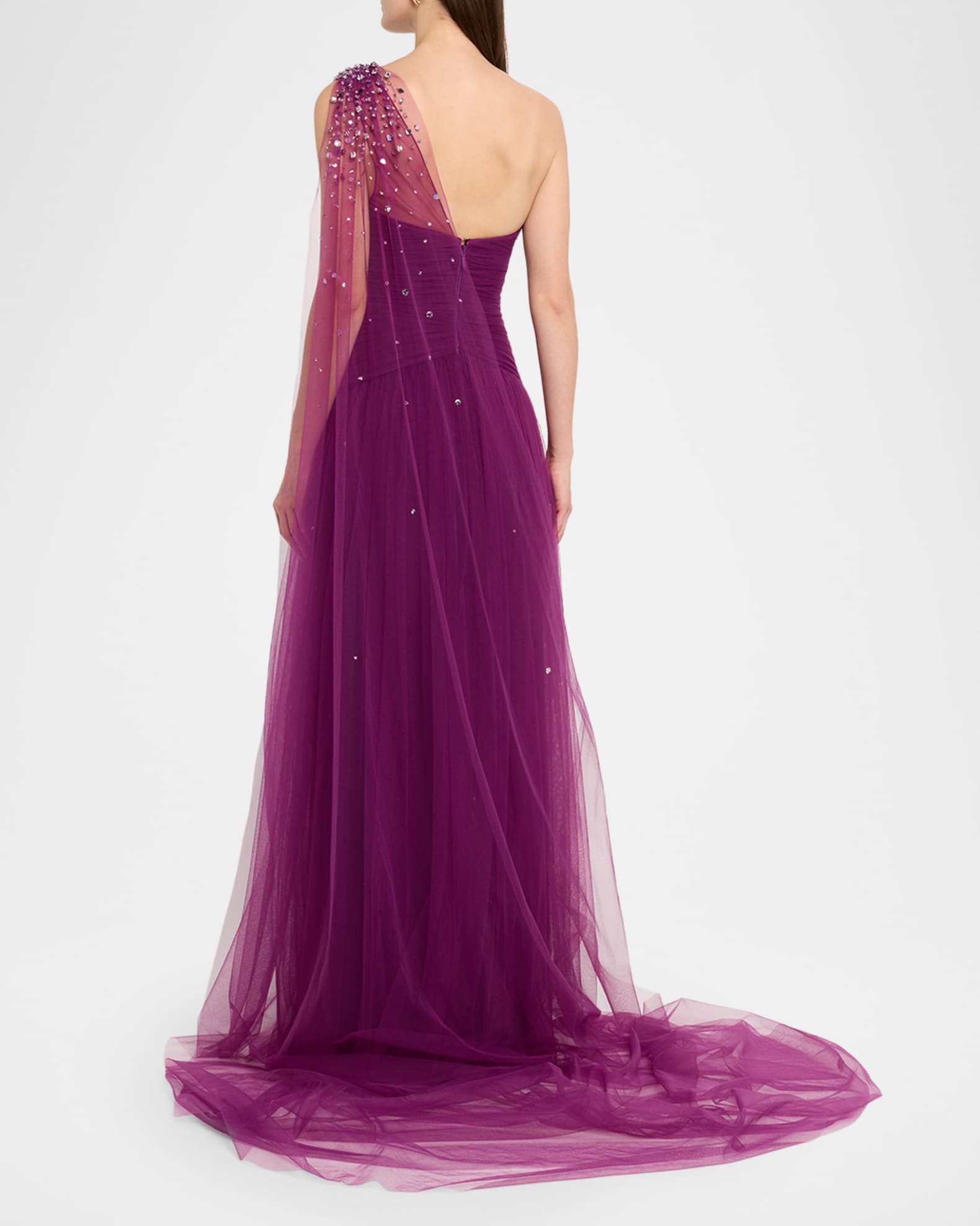 Pamella Roland Embellished Tulle One-Shoulder Cape Gown | Neiman Marcus