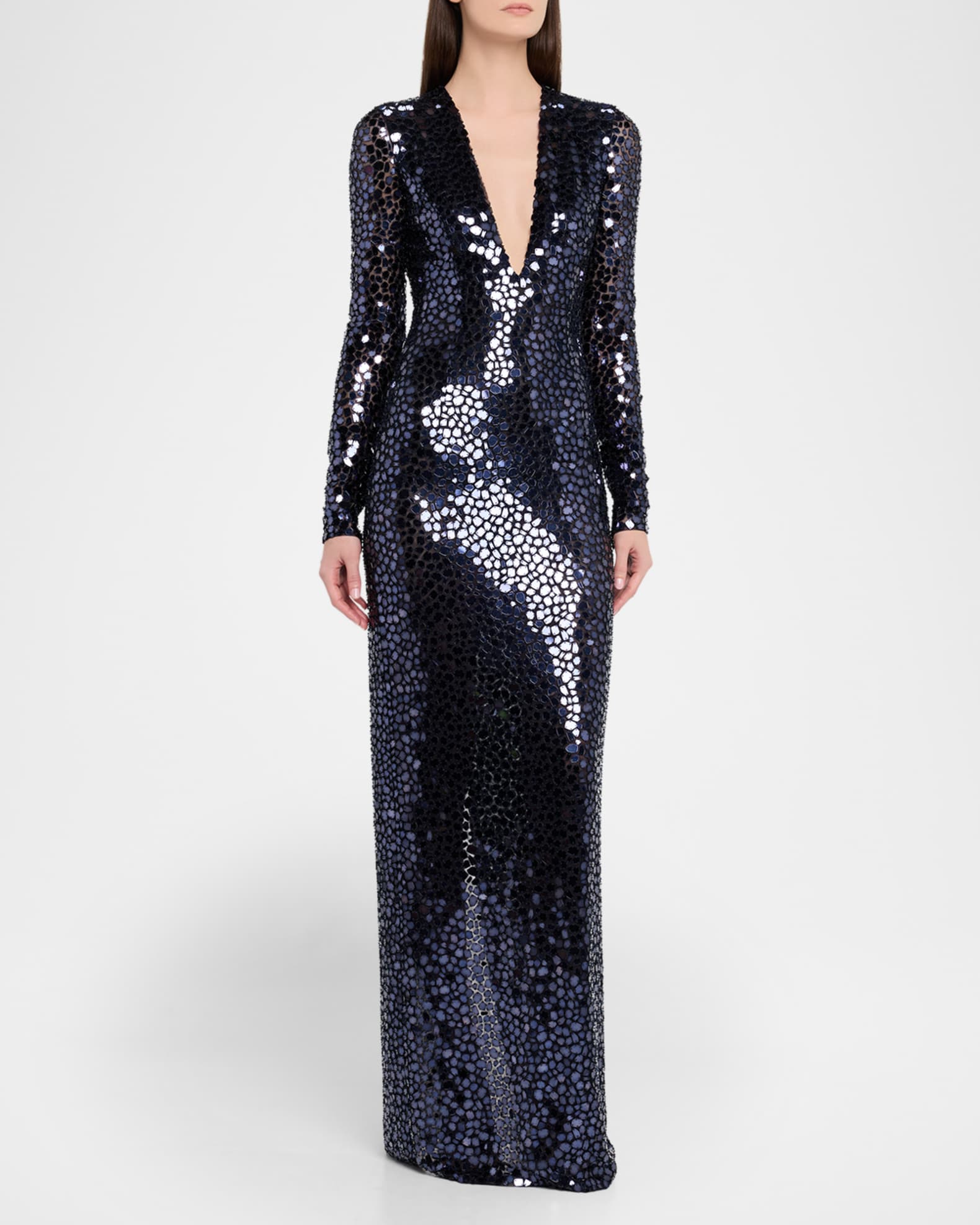 Michael Kors Collection Deep V-Neck Mirror Column Gown | Neiman Marcus
