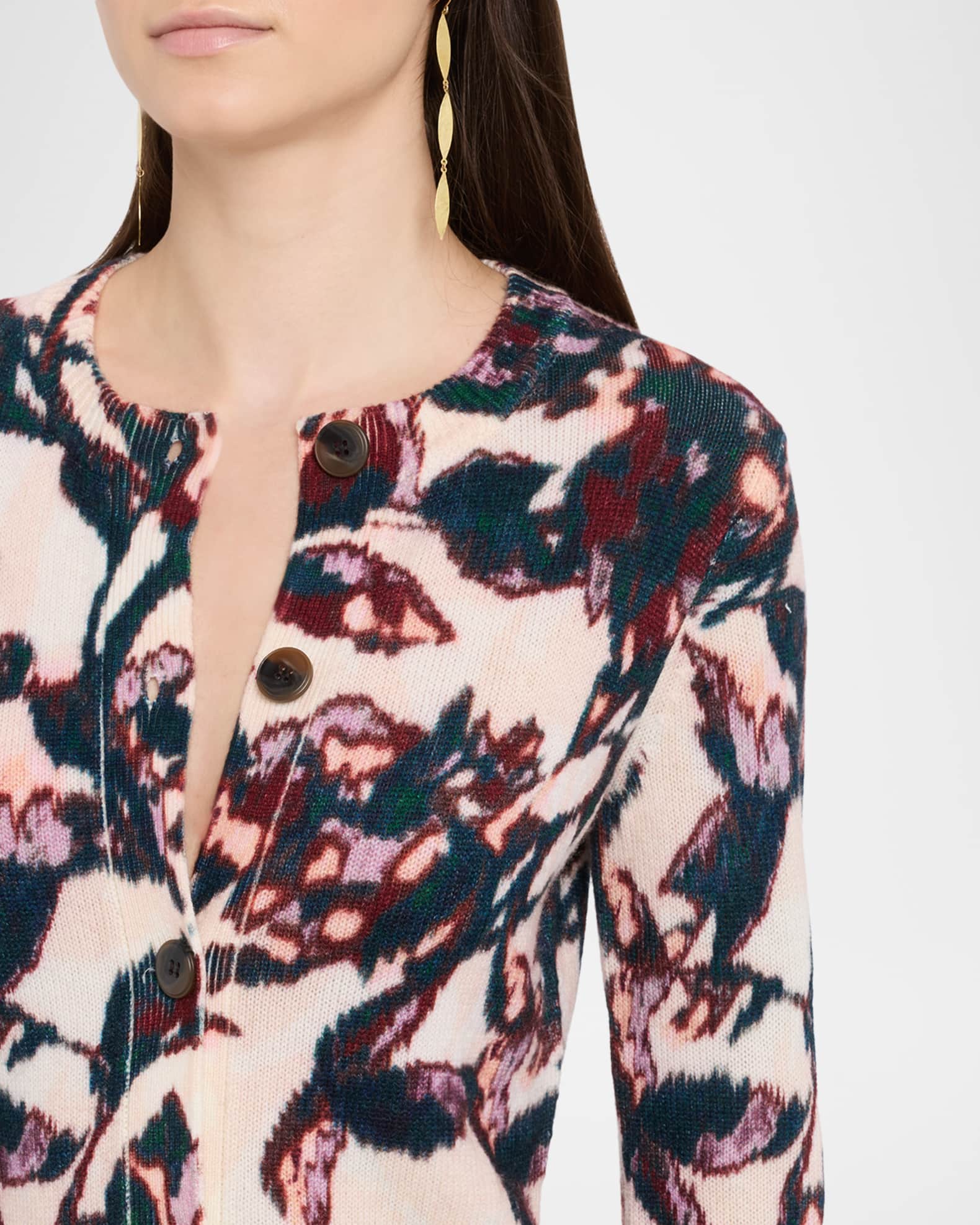 Figue Louisa Floral-Print Wool-Cashmere Crewneck Cardigan | Neiman Marcus