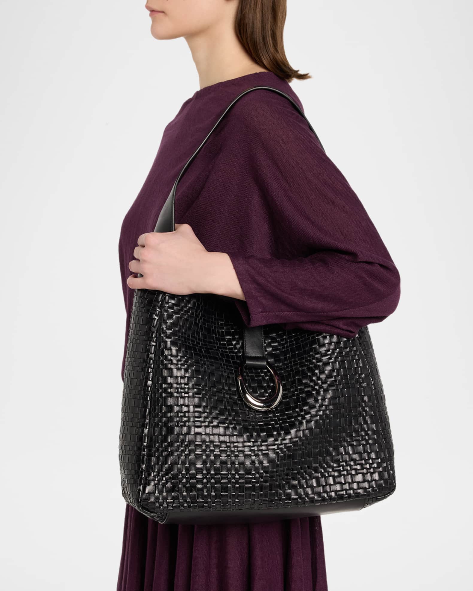 STAUD Maya Moon Buckle Woven Leather Hobo Bag | Neiman Marcus
