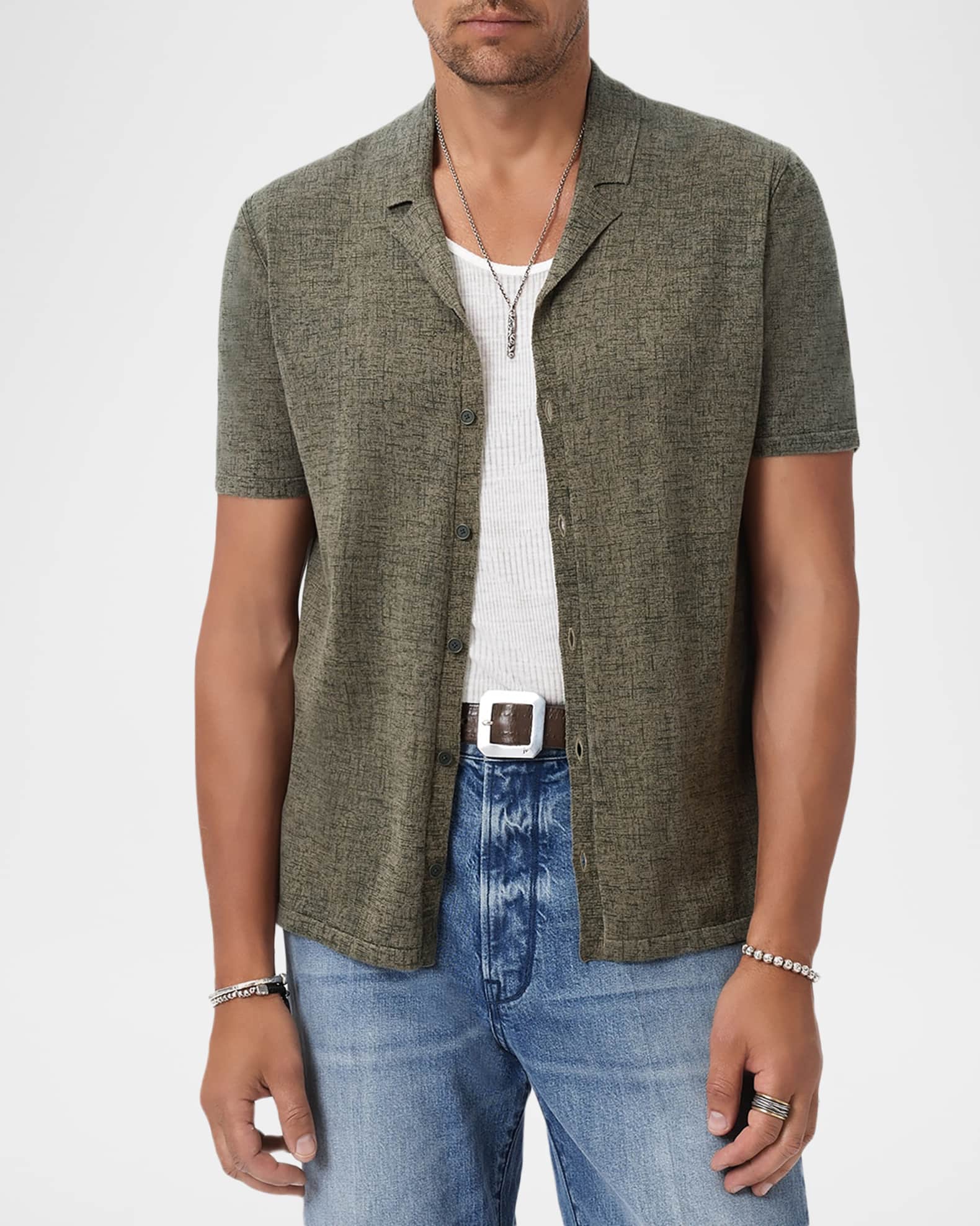 John Varvatos Men's Nayeem Organic Cotton Etched Camp Shirt | Neiman Marcus