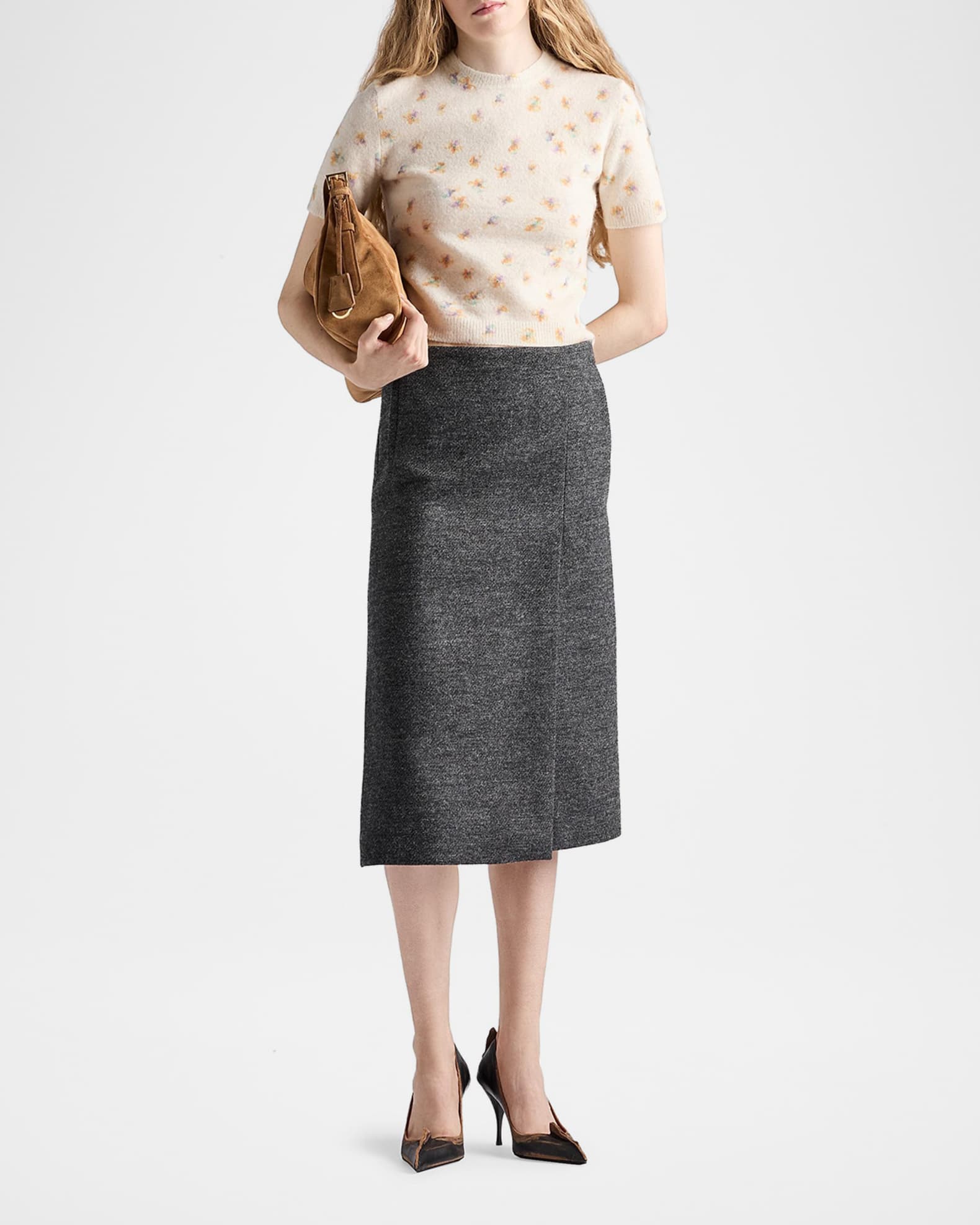 Prada Floral-Print Wool Short-Sleeve Sweater | Neiman Marcus