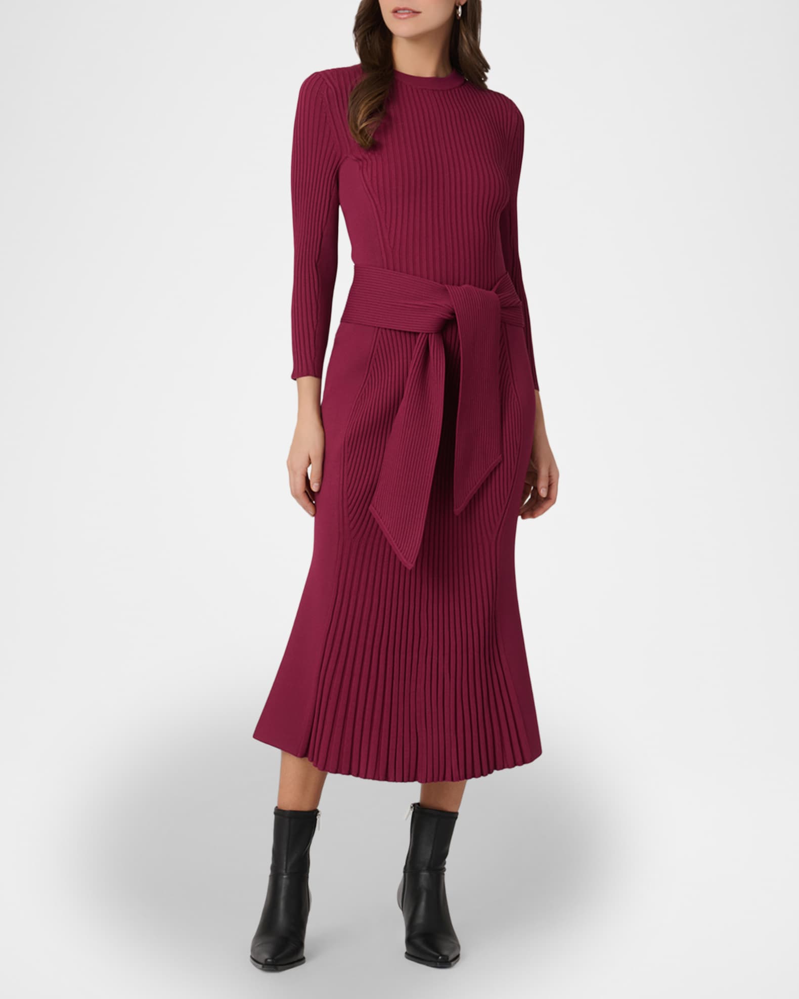 Shoshanna Sam Tie-Waist Rib Knit Mermaid Midi Dress | Neiman Marcus