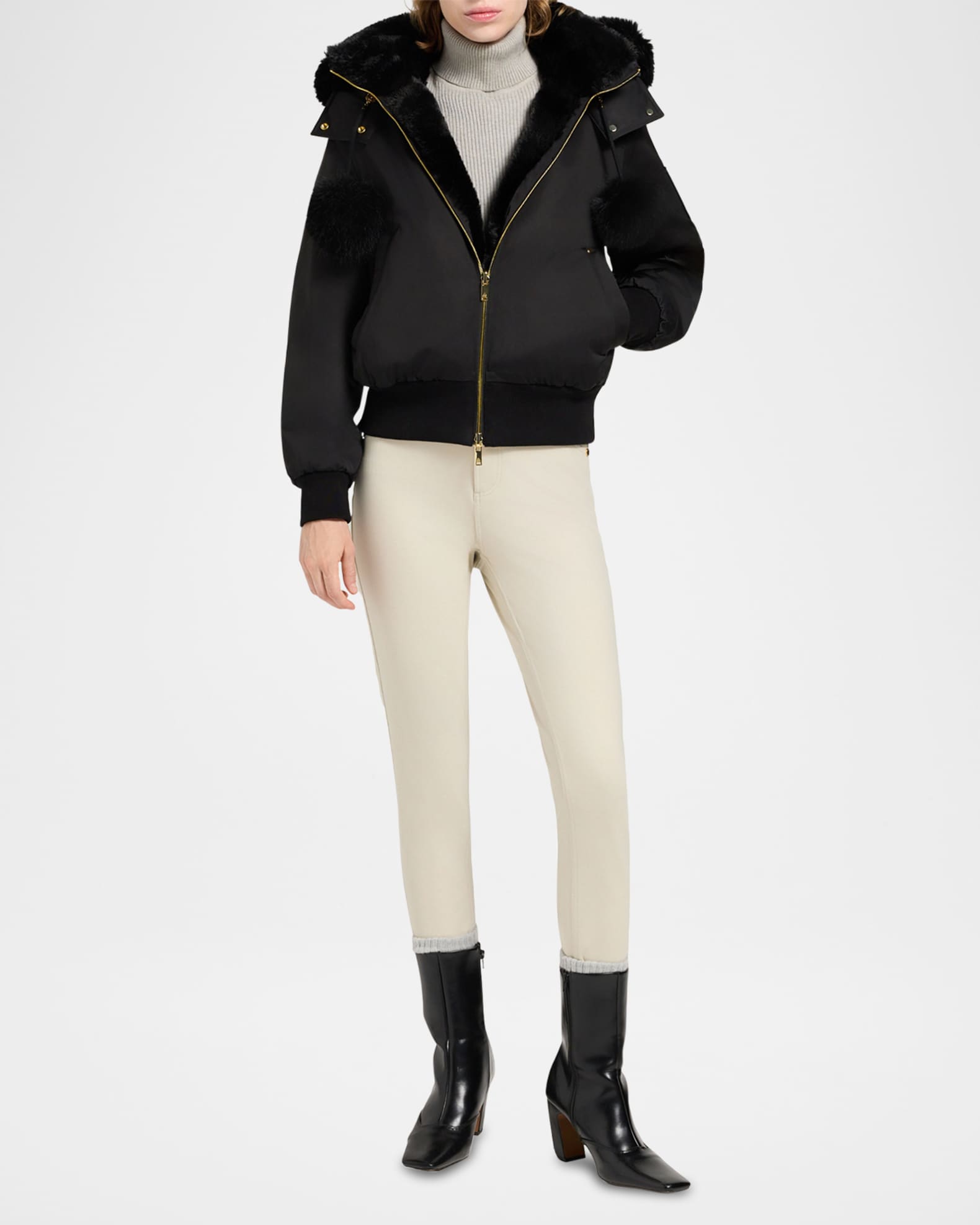 Moose Knuckles Debbie Satin Bomber Jacket with Removable Hood & Pom ...