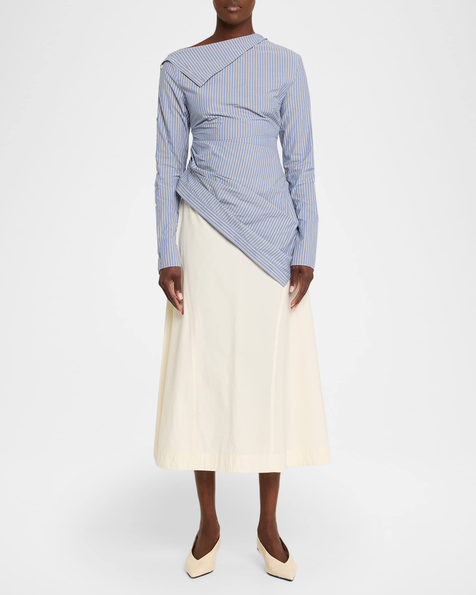 Jane Wade Asymmetric Pinstripe Button-Sleeve Blouse | Neiman Marcus