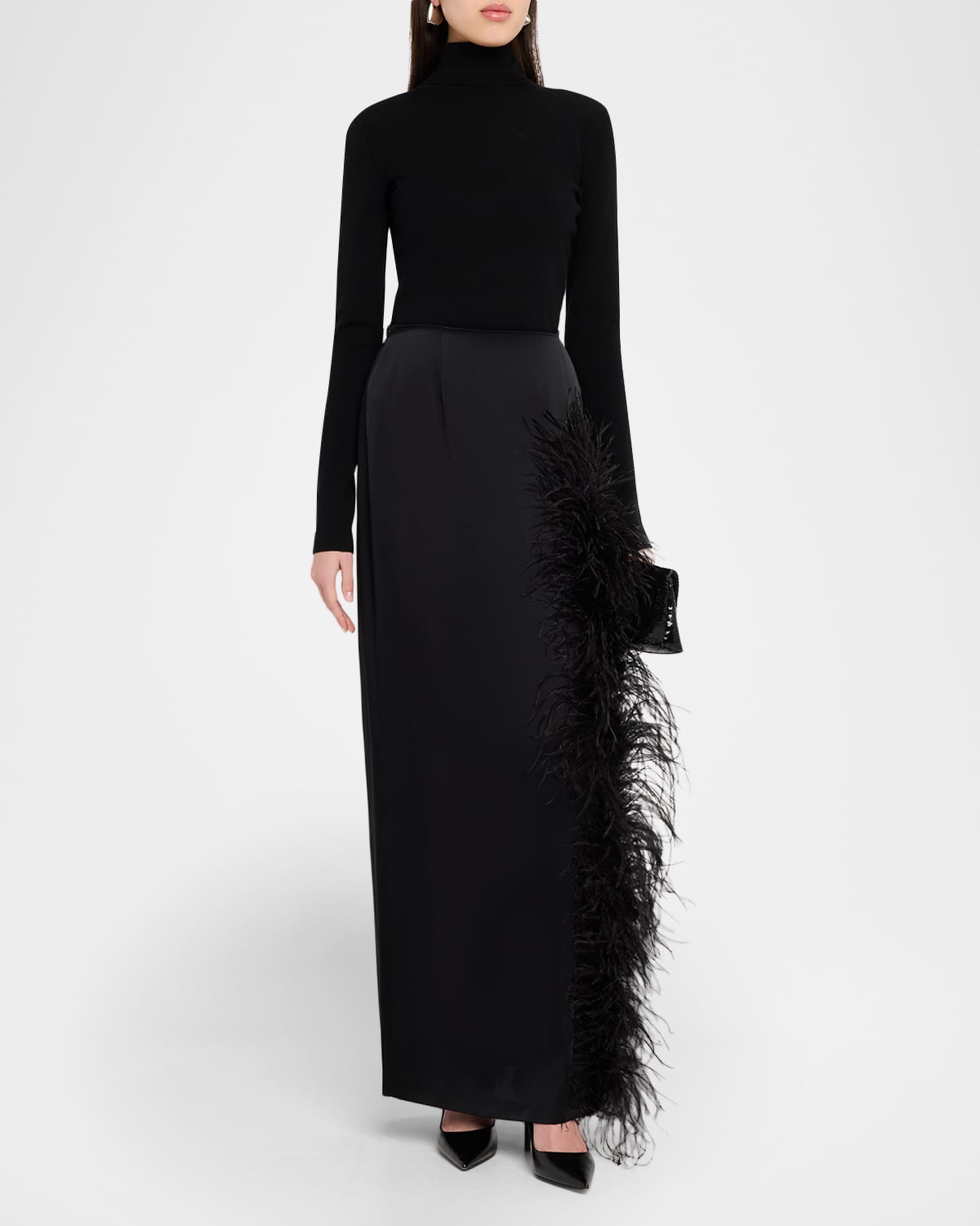LAPOINTE Feather-Trimmed Slit Satin Maxi Skirt | Neiman Marcus