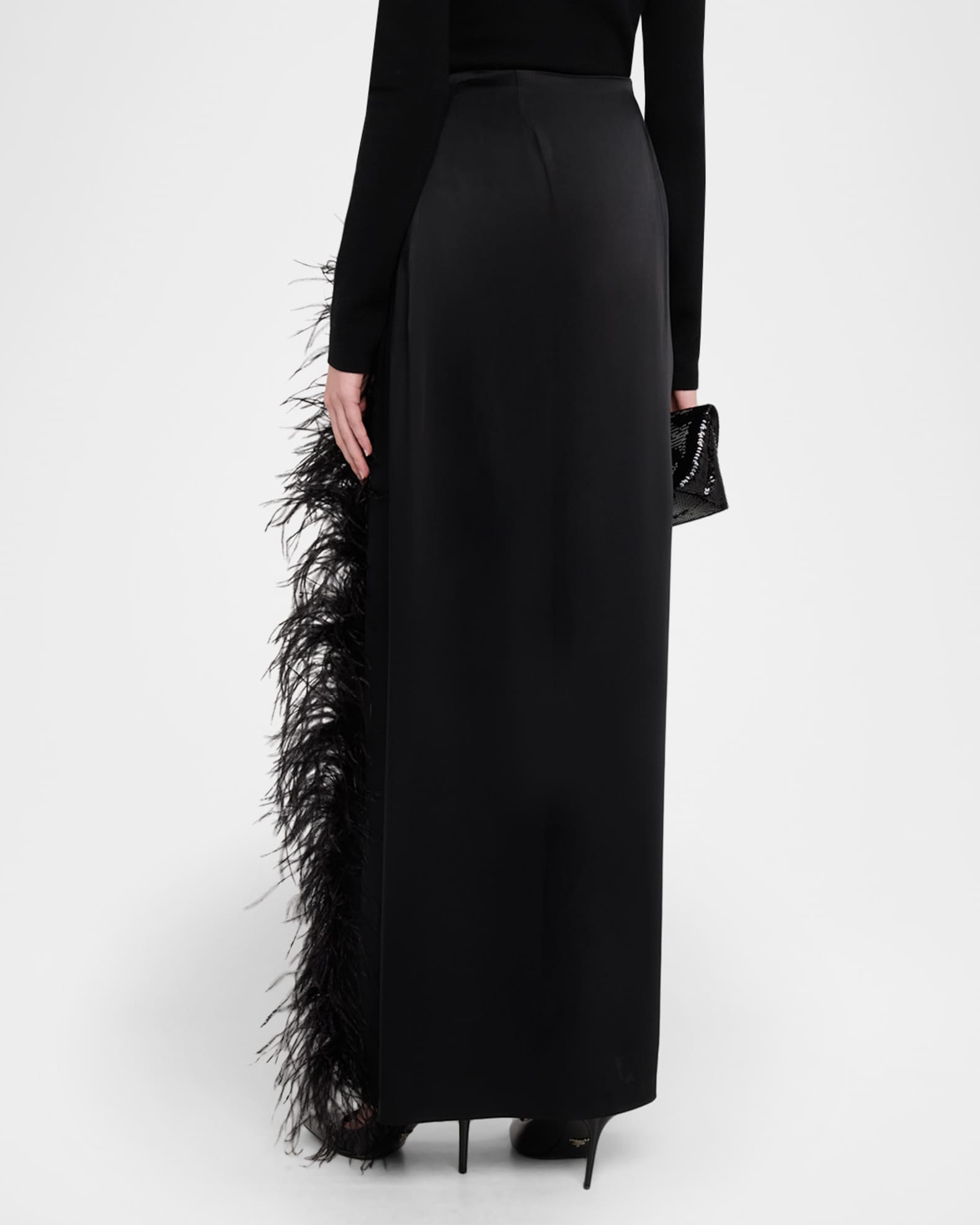 LAPOINTE Feather-Trimmed Slit Satin Maxi Skirt | Neiman Marcus
