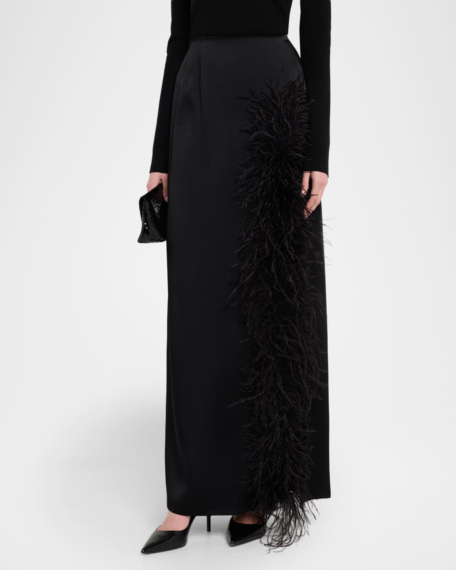 LAPOINTE Feather-Trimmed Slit Satin Maxi Skirt | Neiman Marcus