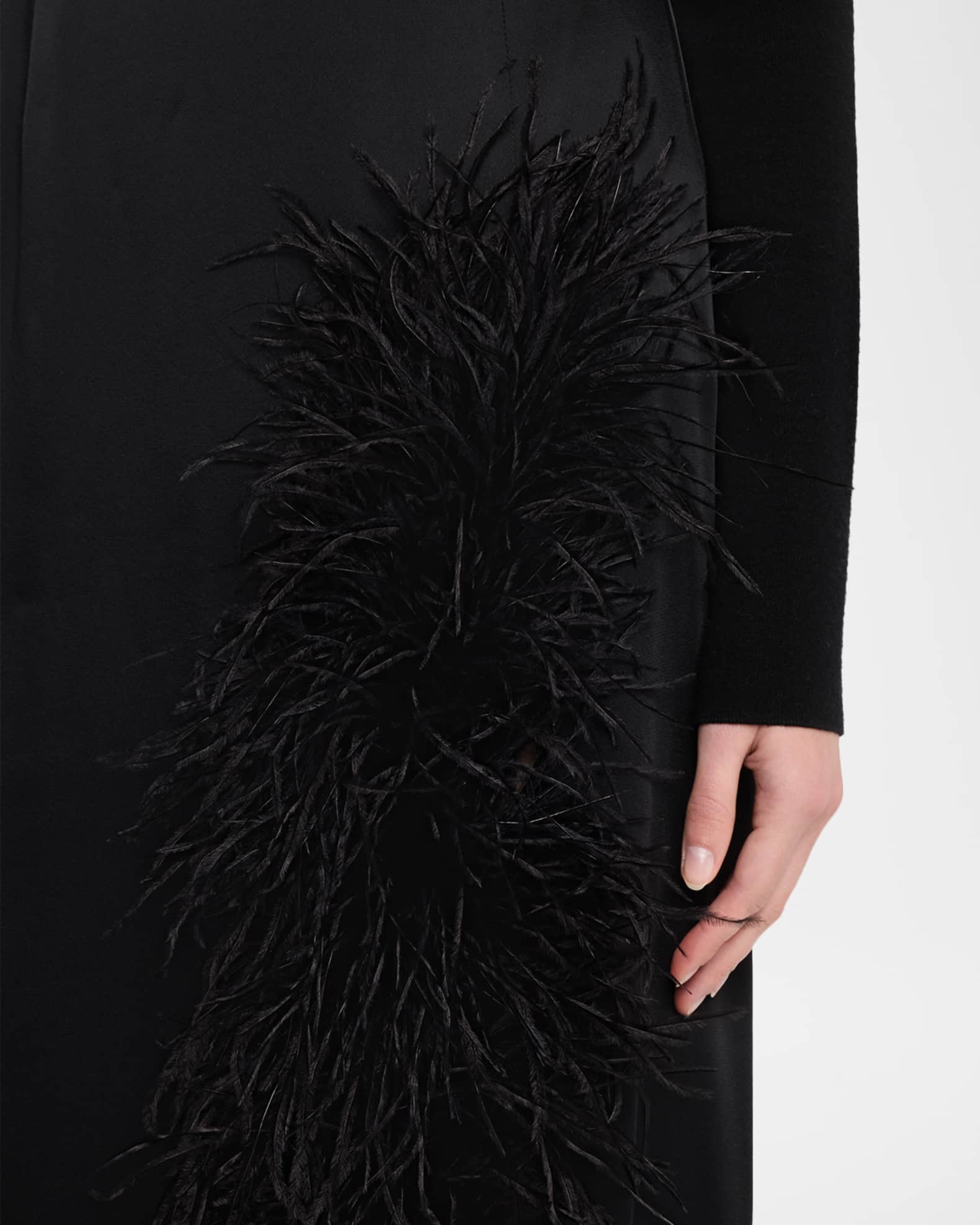 LAPOINTE Feather-Trimmed Slit Satin Maxi Skirt | Neiman Marcus