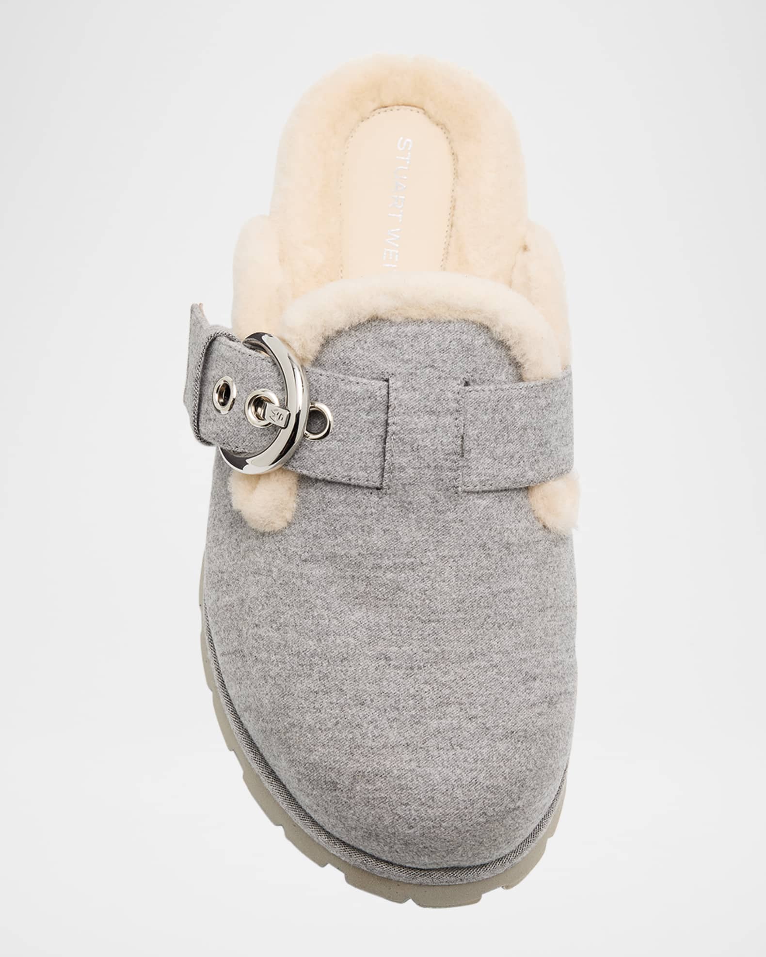 Stuart Weitzman Chrystie Shearling-Lined Flannel Mules | Neiman Marcus
