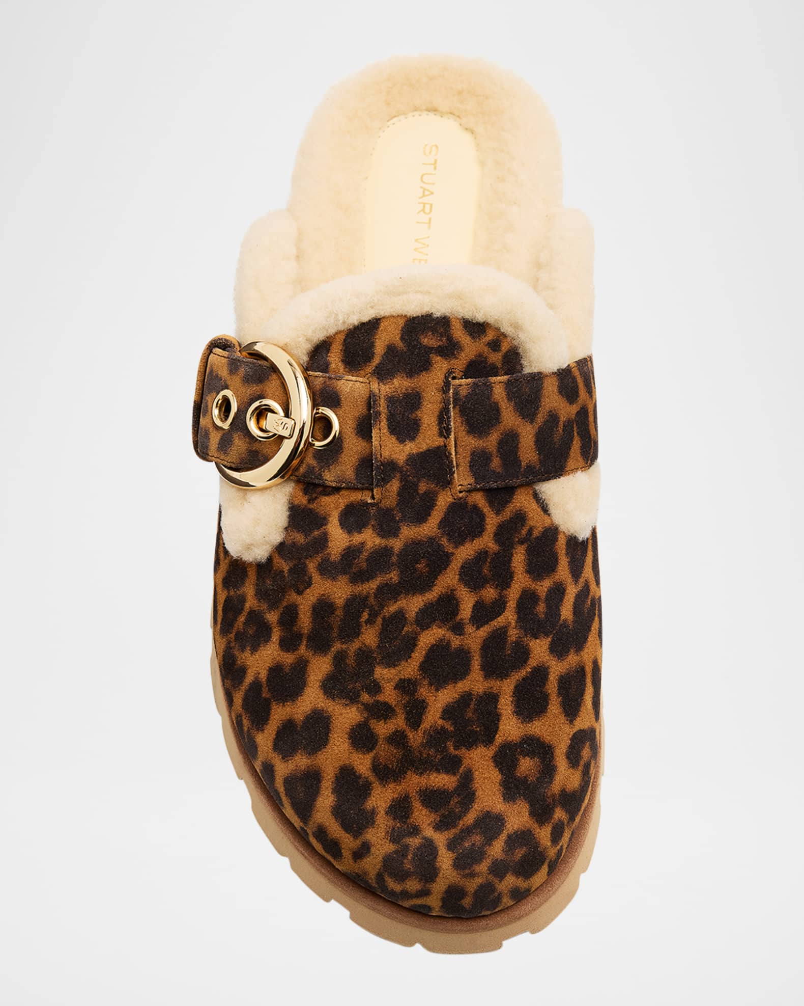 Stuart Weitzman Chrystie Shearling-Lined Leopard Suede Mules | Neiman ...