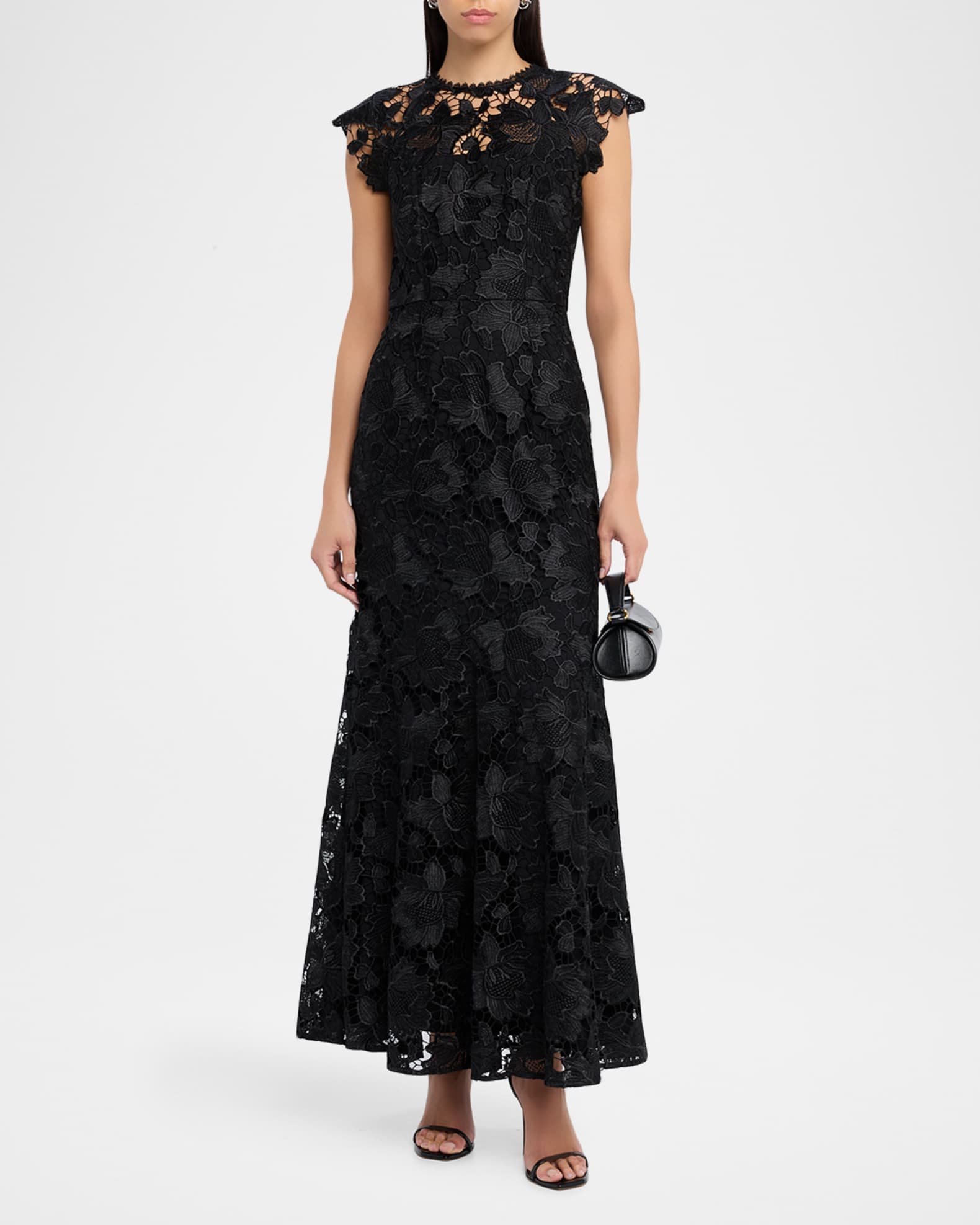 Shoshanna Raven Cap-Sleeve Floral Lace Gown | Neiman Marcus