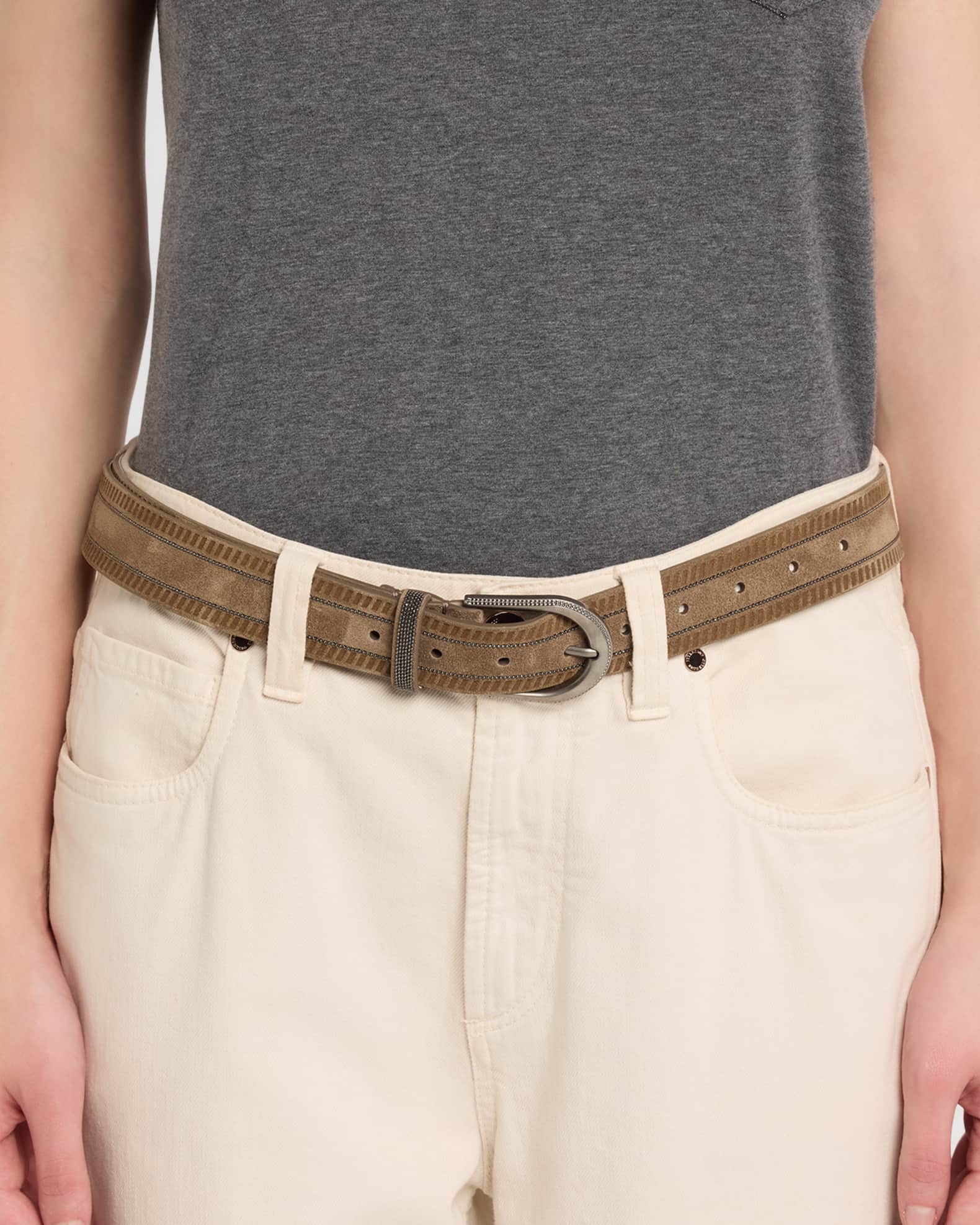 Brunello Cucinelli Wes Textured Suede Belt with Monili Trim | Neiman Marcus