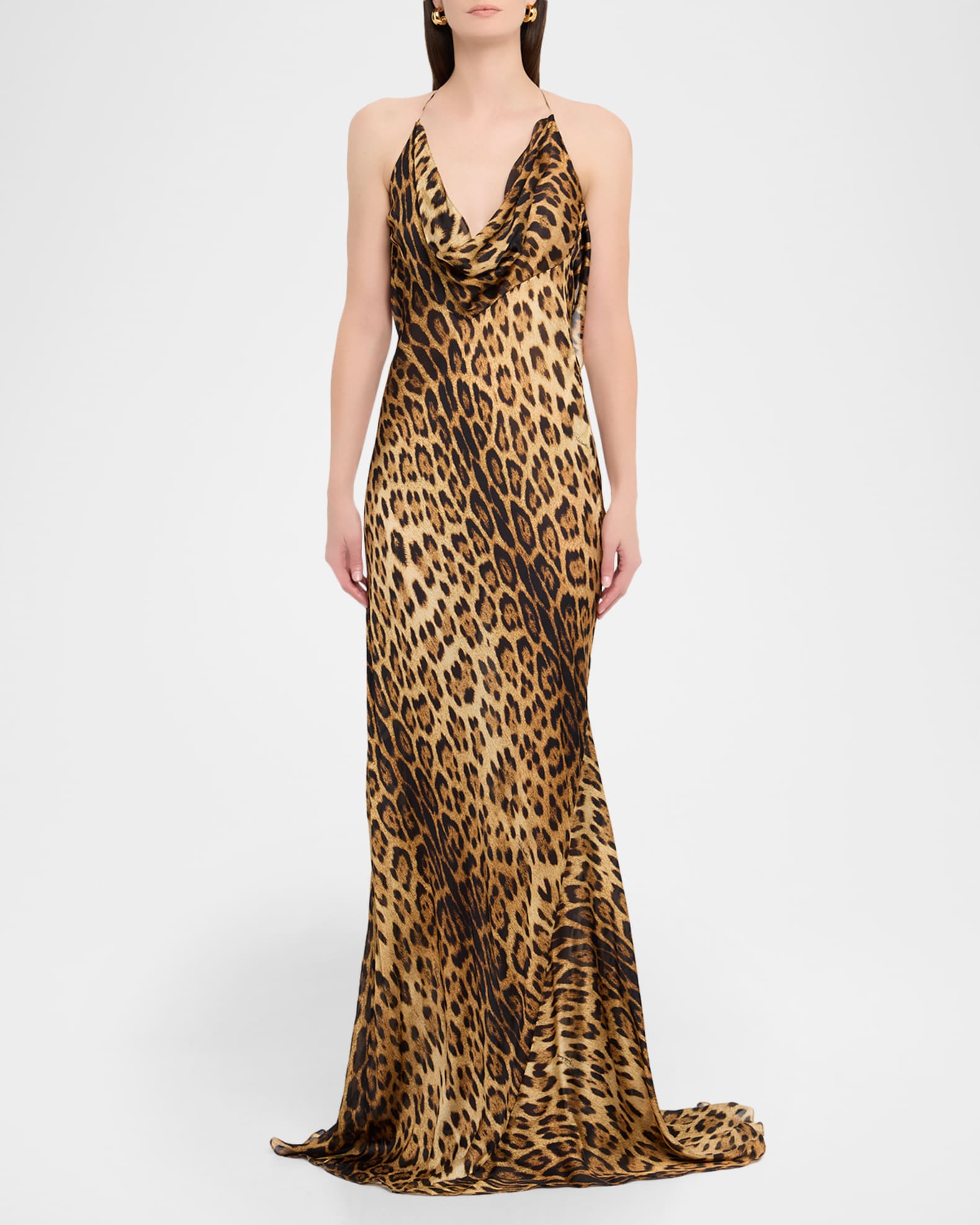 Roberto Cavalli Jaguar-Print Silk Draped Backless Gown | Neiman Marcus