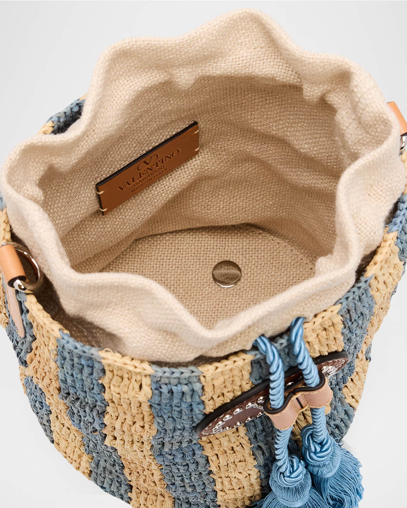 Valentino Garavani Small Striped Viscose Raffia Bucket Bag | Neiman Marcus