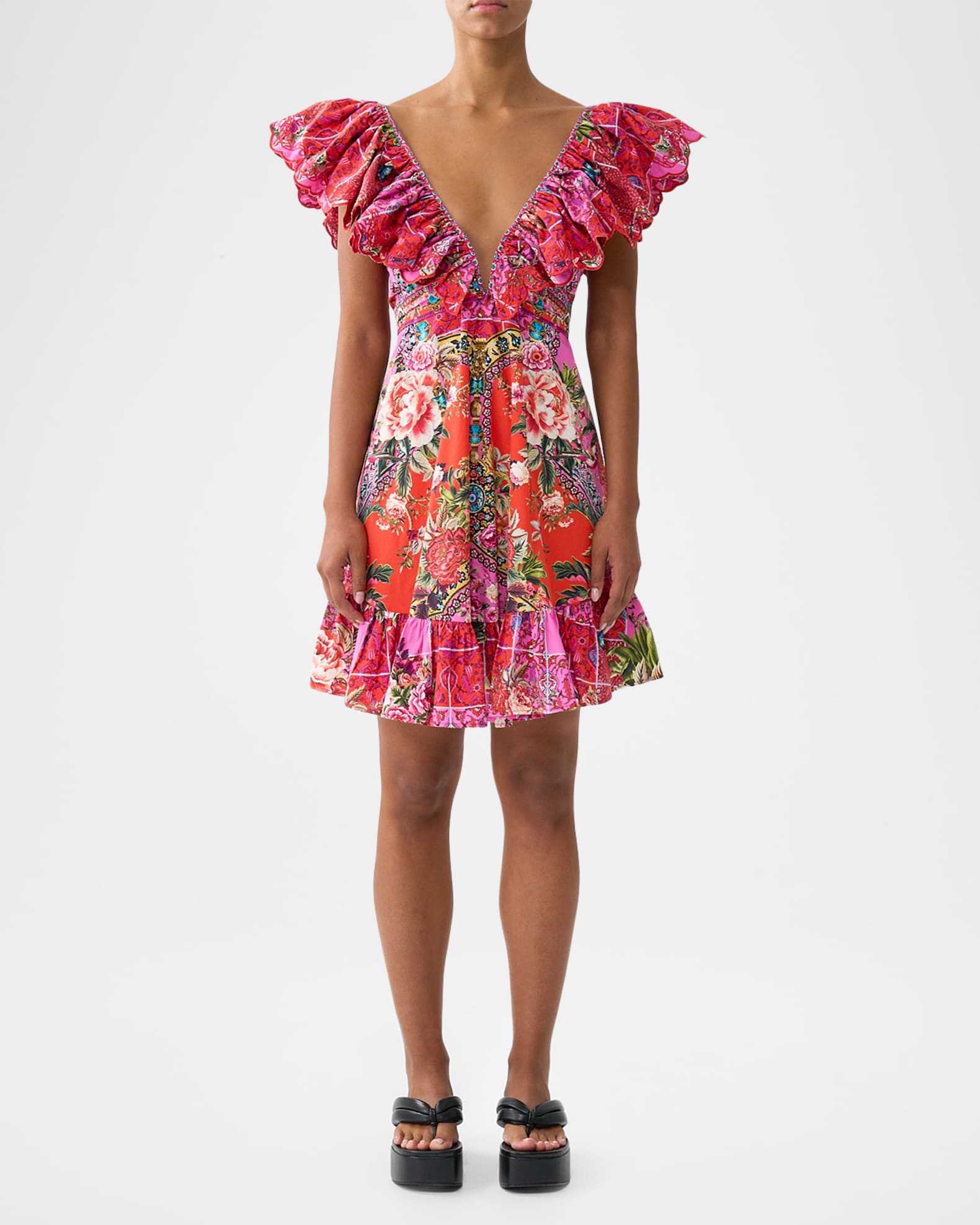 Camilla Heirloom Empire Frill-Neck Mini Dress | Neiman Marcus