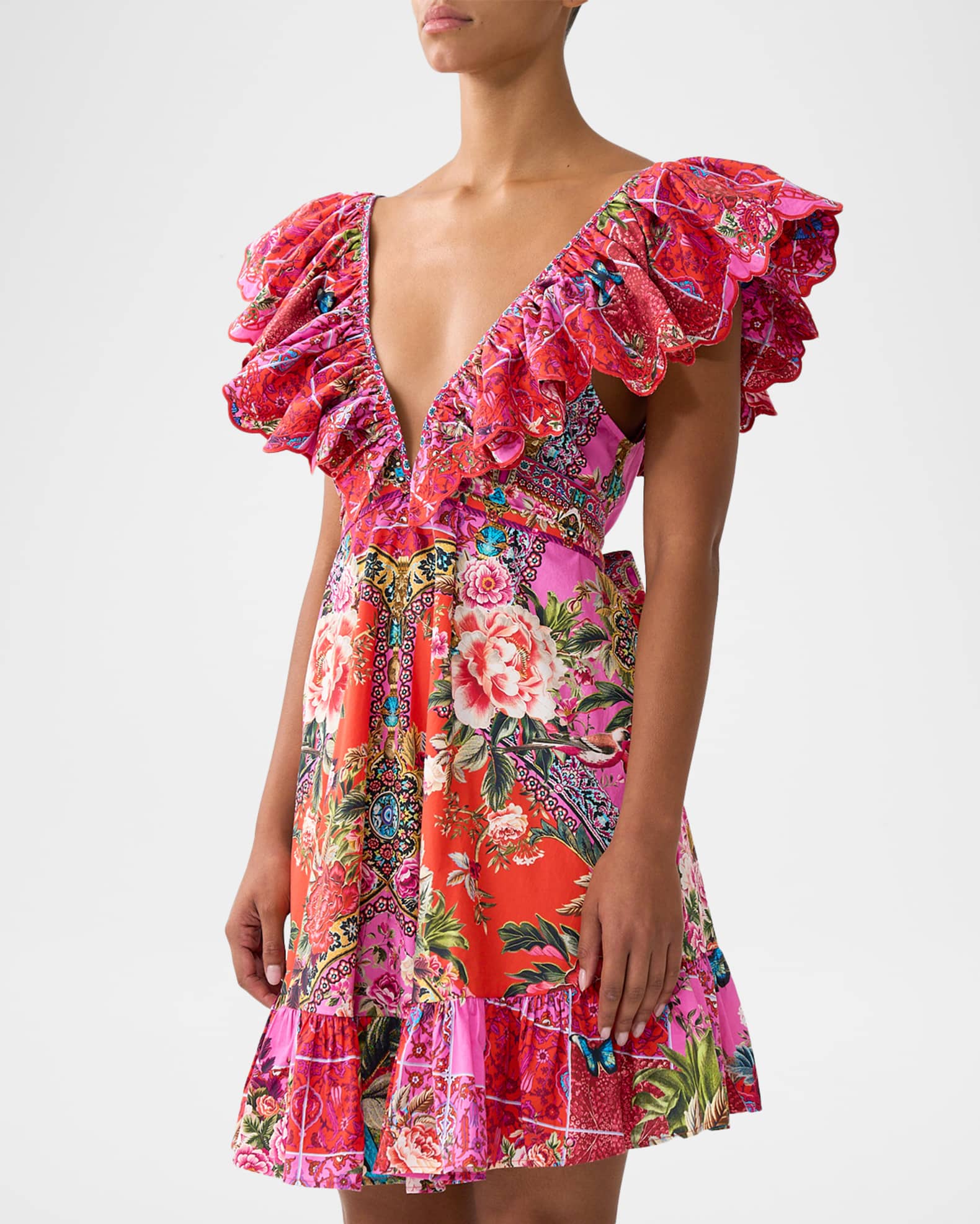 Camilla Heirloom Empire Frill-Neck Mini Dress | Neiman Marcus