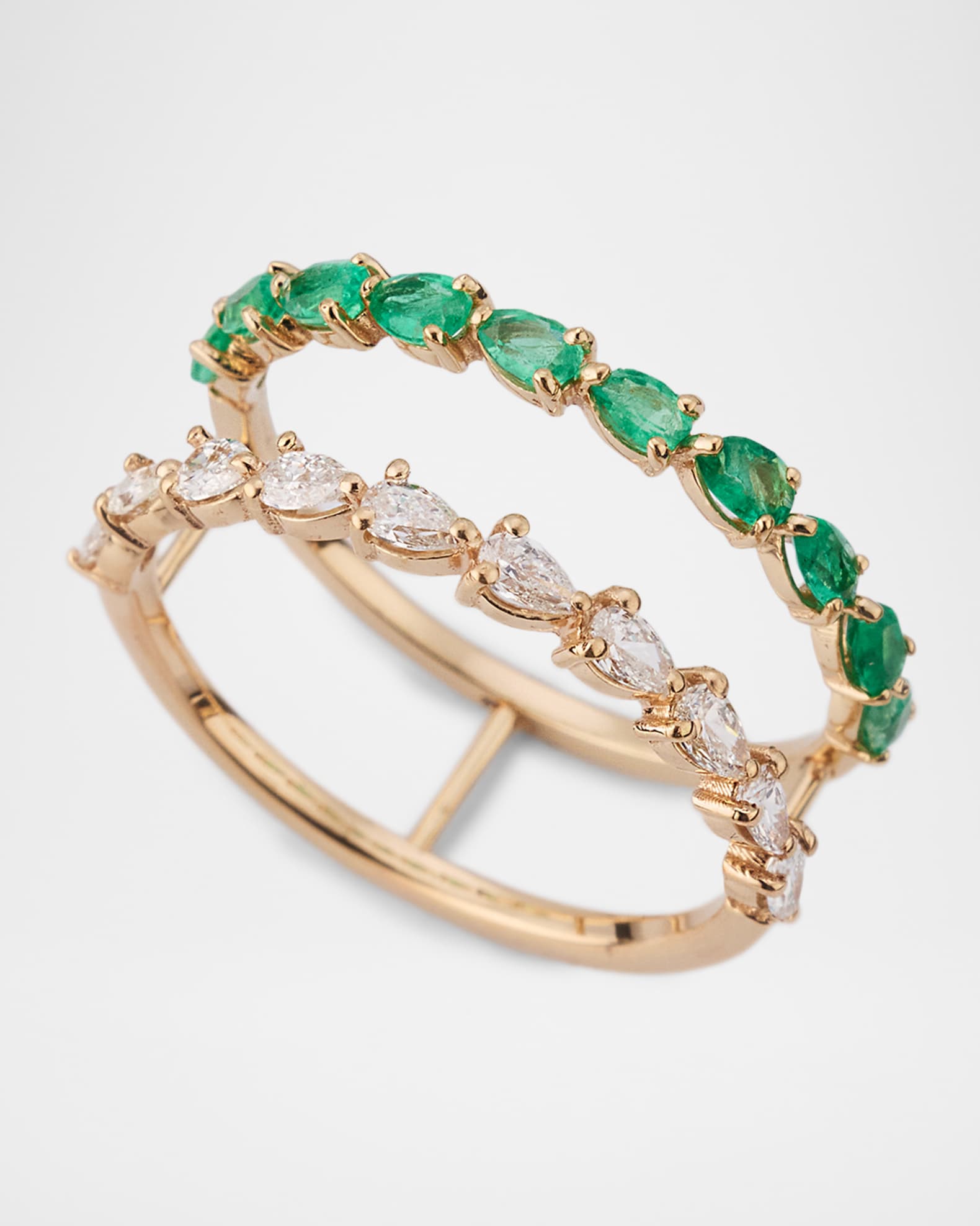 Green Emerald and Pear Diamond Double Band Ring | Neiman Marcus