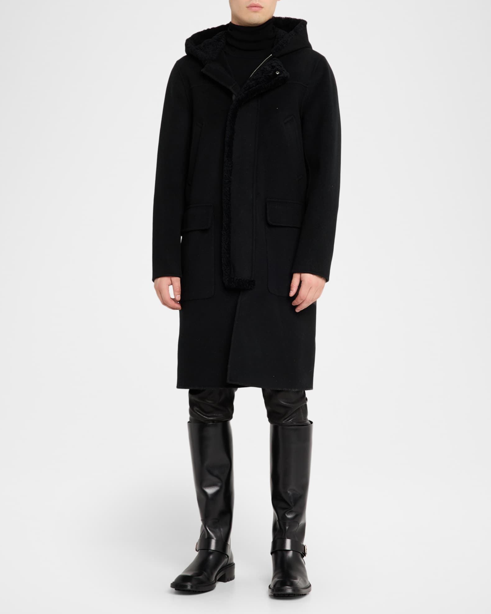 Mackage Men's Abraham Long Wool Coat with Shearling Trim | Neiman Marcus