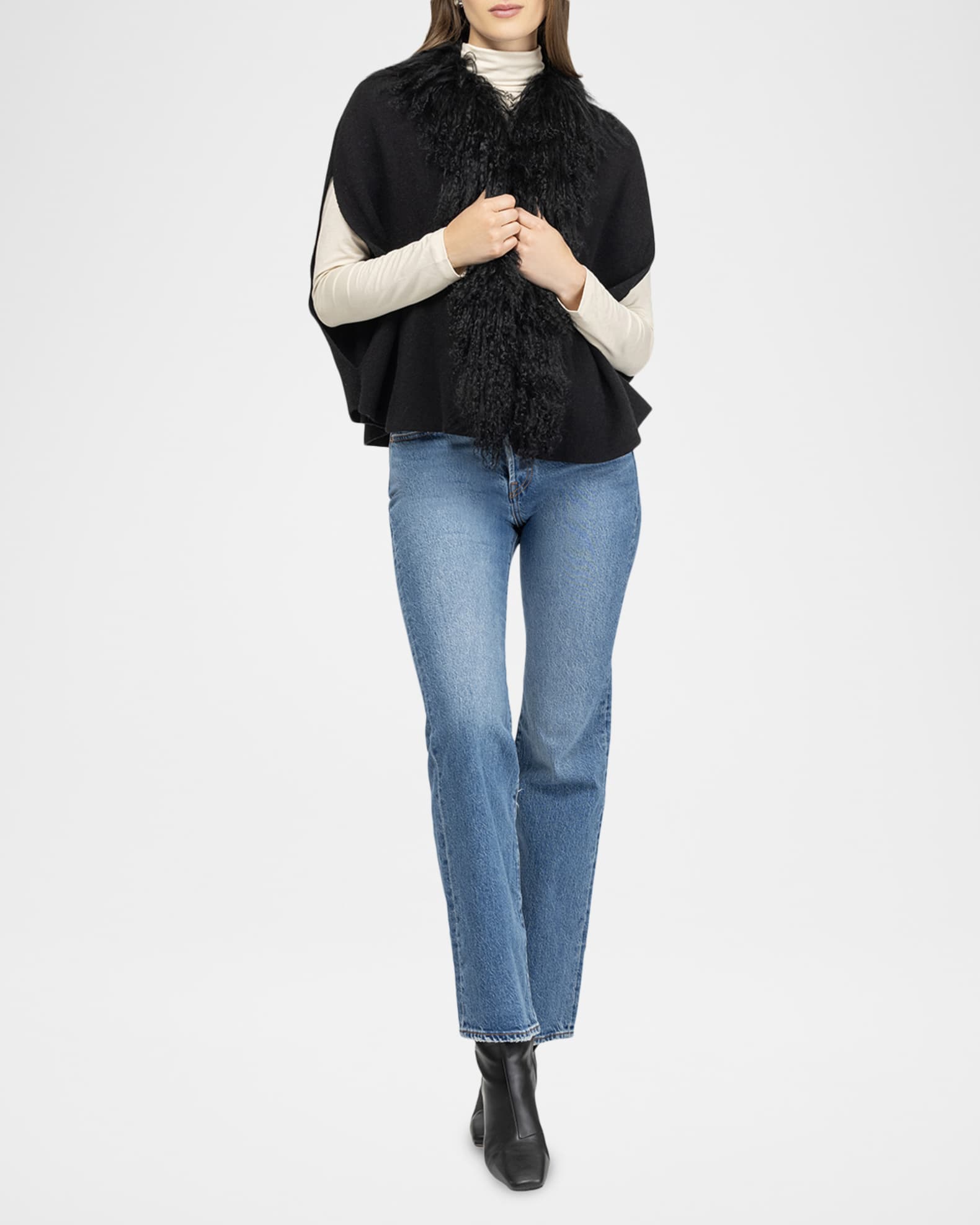 Gorski Merino Wool-Blend Cape with Select Mongolian Trim | Neiman Marcus