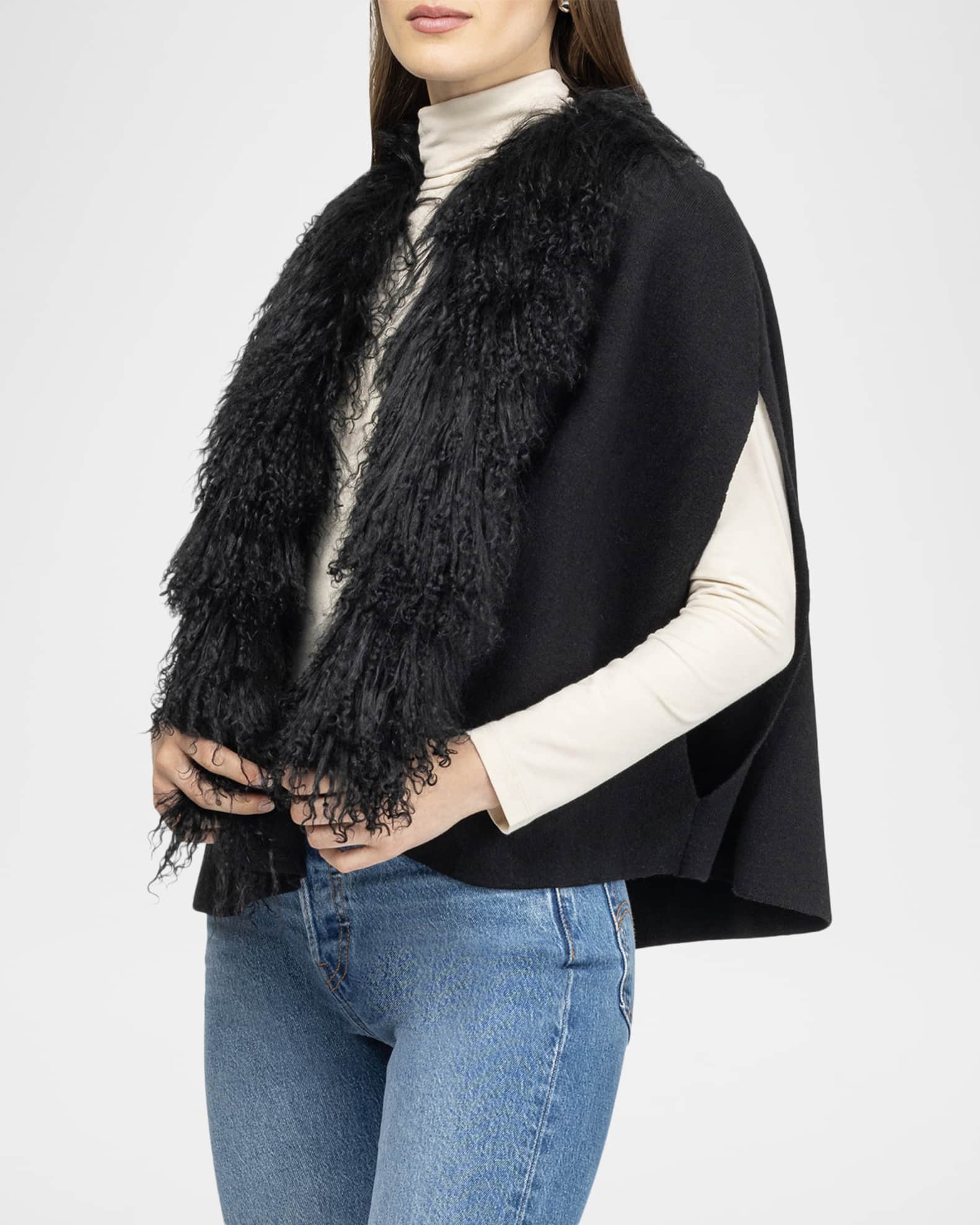Gorski Merino Wool-Blend Cape with Select Mongolian Trim | Neiman Marcus