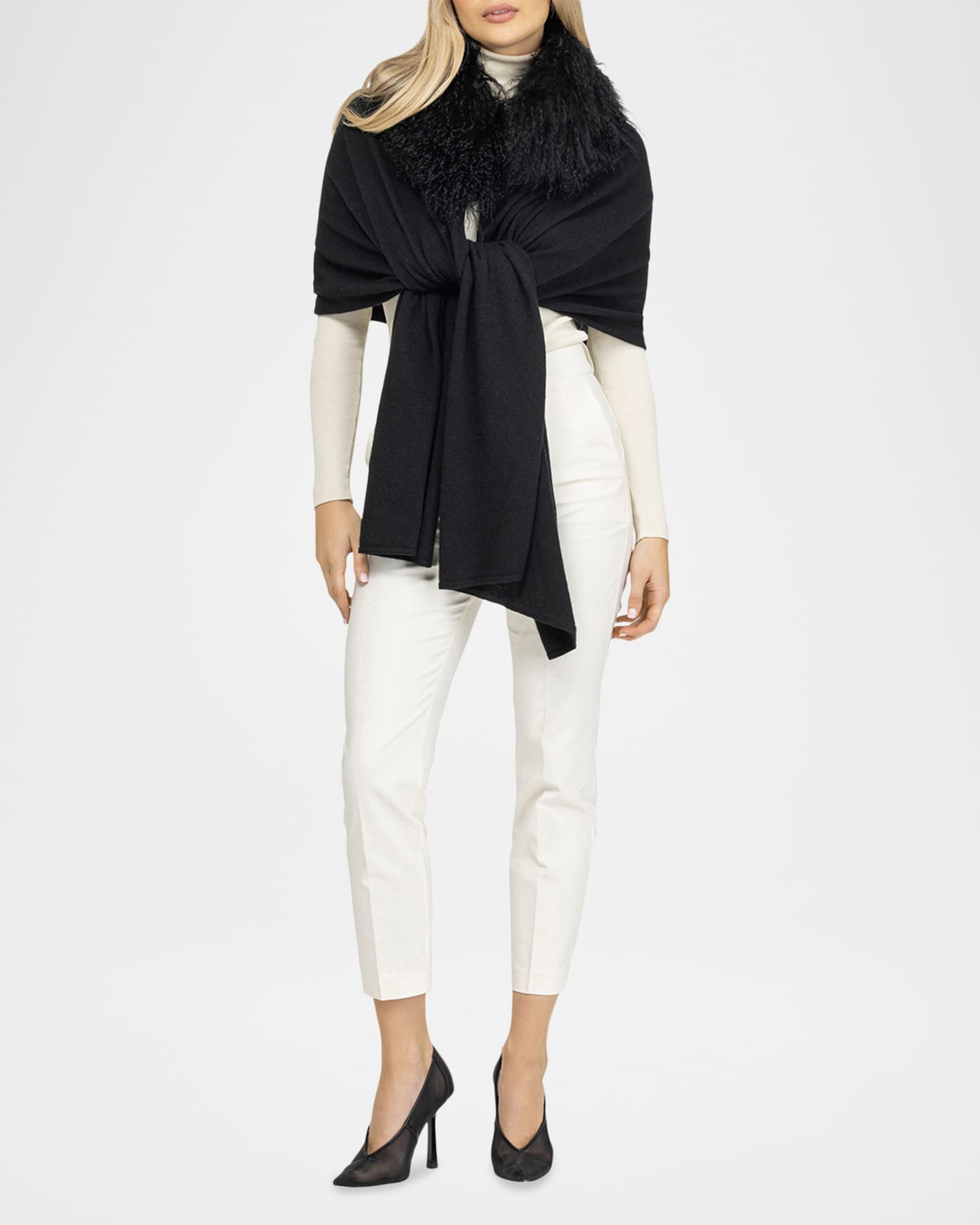 Gorski Wool-Blend Stole with Select Mongolian Lamb Trim | Neiman Marcus