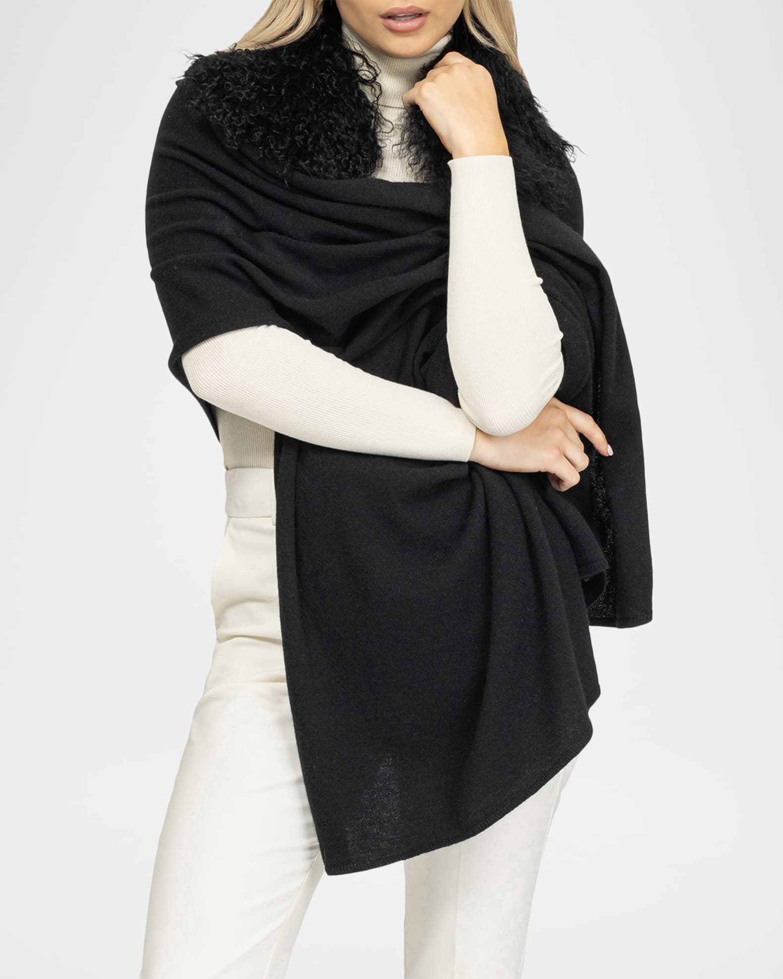 Gorski Wool-Blend Stole with Select Mongolian Lamb Trim | Neiman Marcus