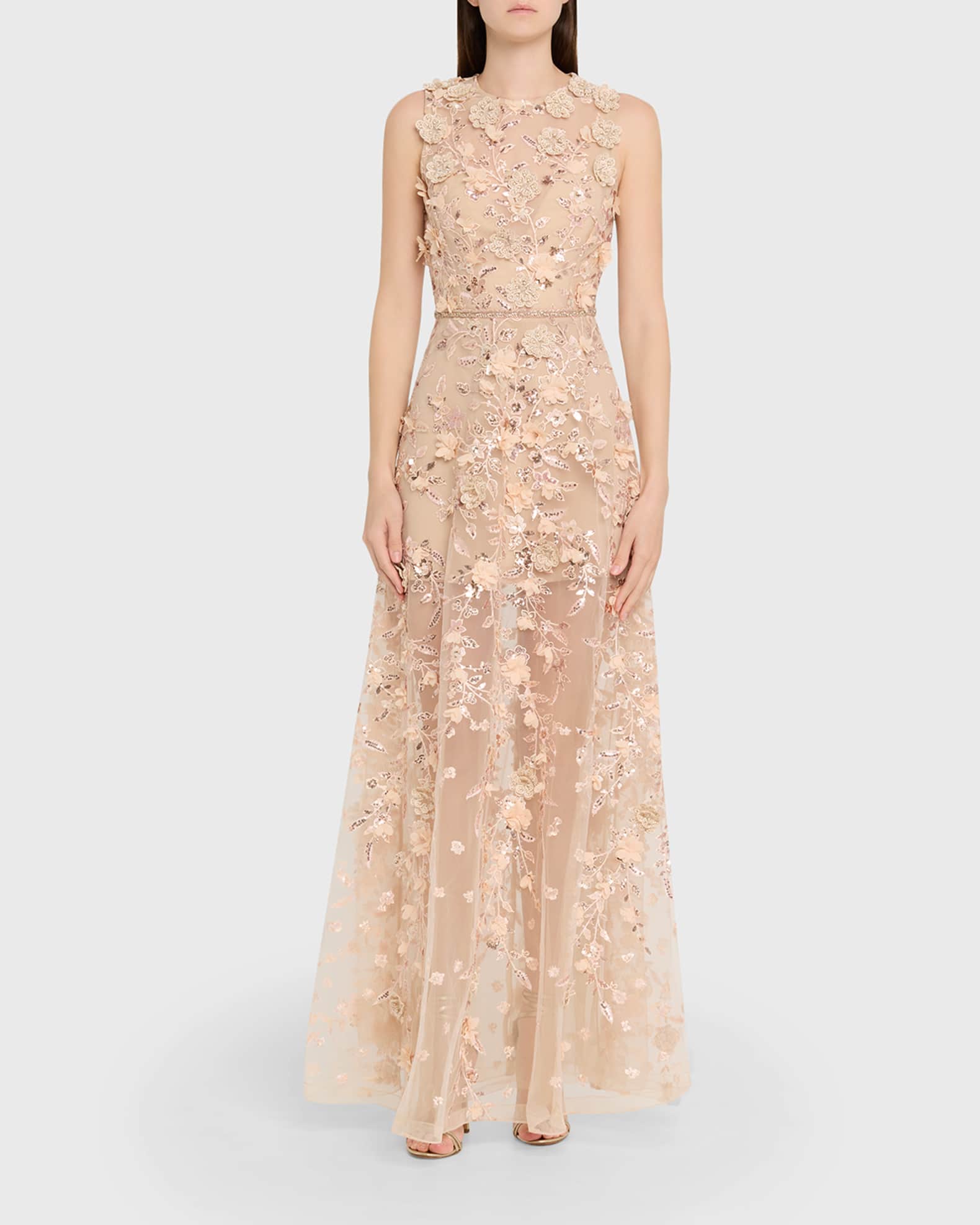 Bronx Banco Arielle Floral Embroidered Sleeveless Gown | Neiman Marcus