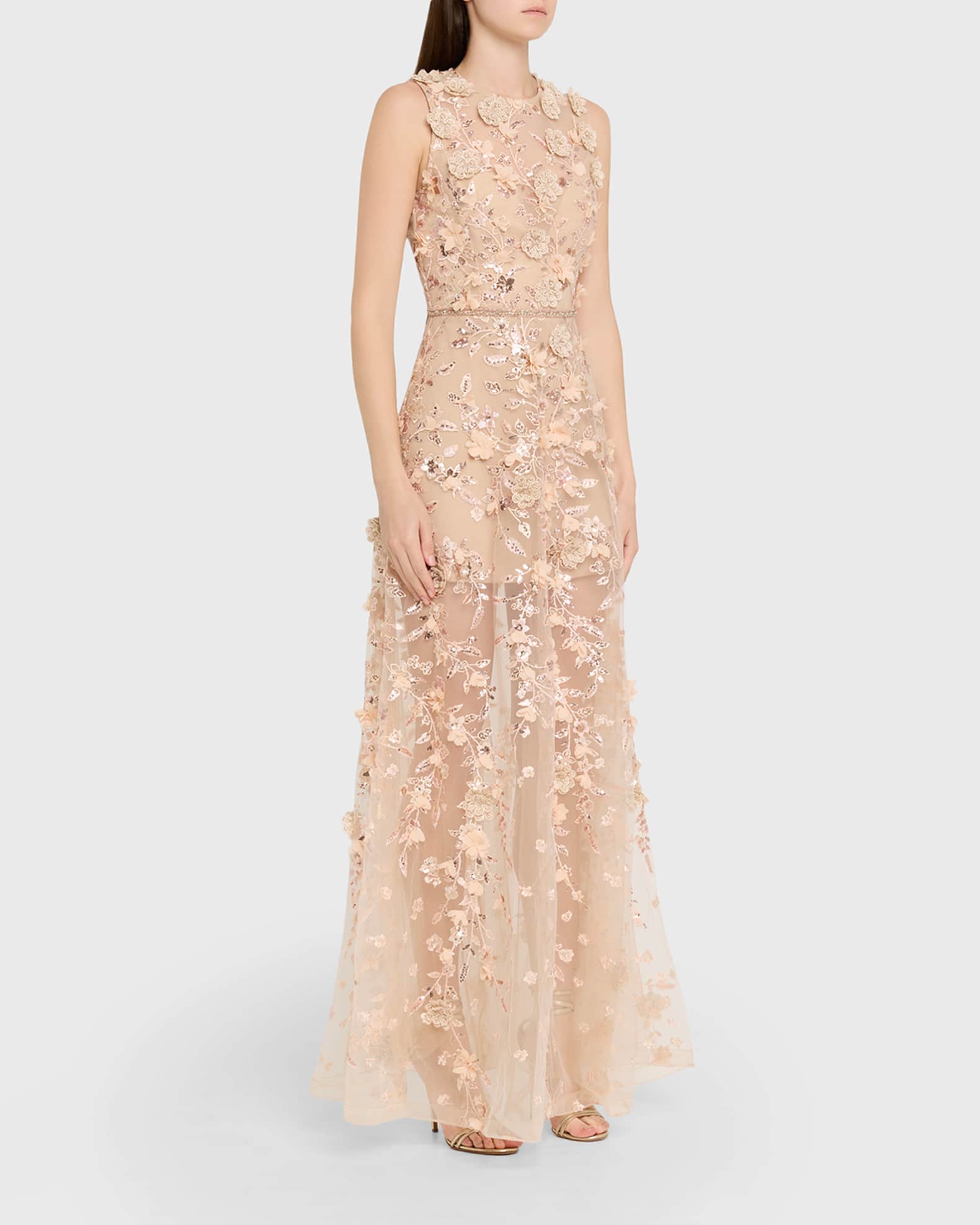 Bronx Banco Arielle Floral Embroidered Sleeveless Gown | Neiman Marcus