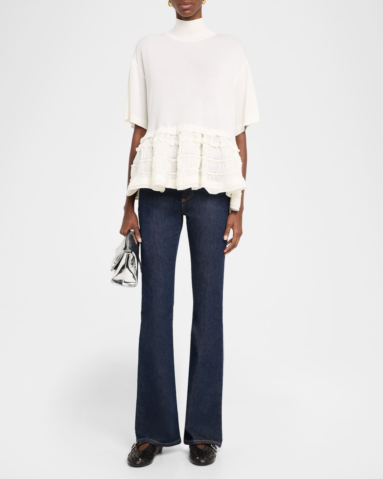 ALAIA Mock-Neck Wool Crinoline Peplum Shirt | Neiman Marcus