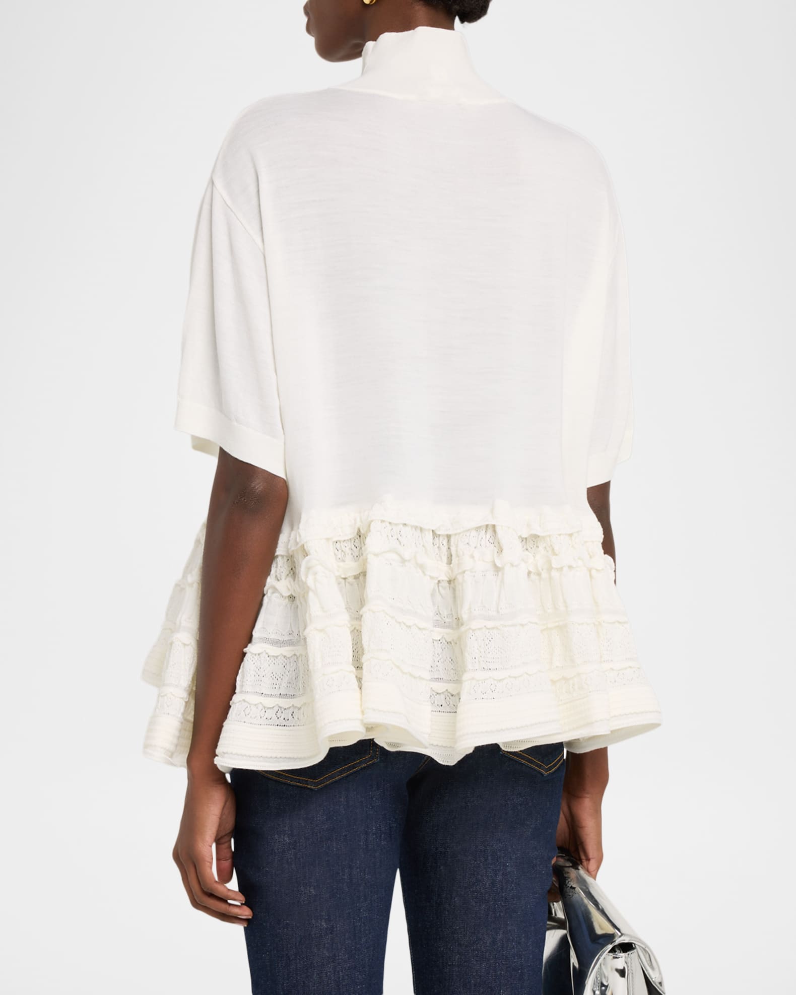 ALAIA Mock-Neck Wool Crinoline Peplum Shirt | Neiman Marcus