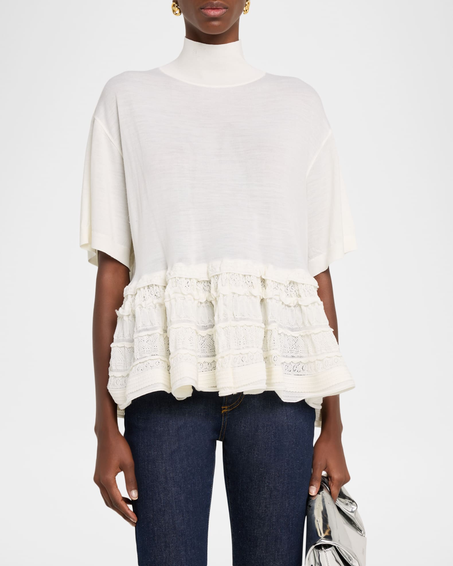 ALAIA Mock-Neck Wool Crinoline Peplum Shirt | Neiman Marcus