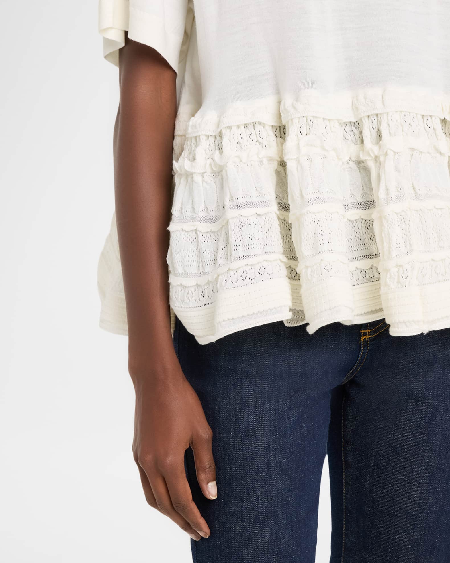 ALAIA Mock-Neck Wool Crinoline Peplum Shirt | Neiman Marcus