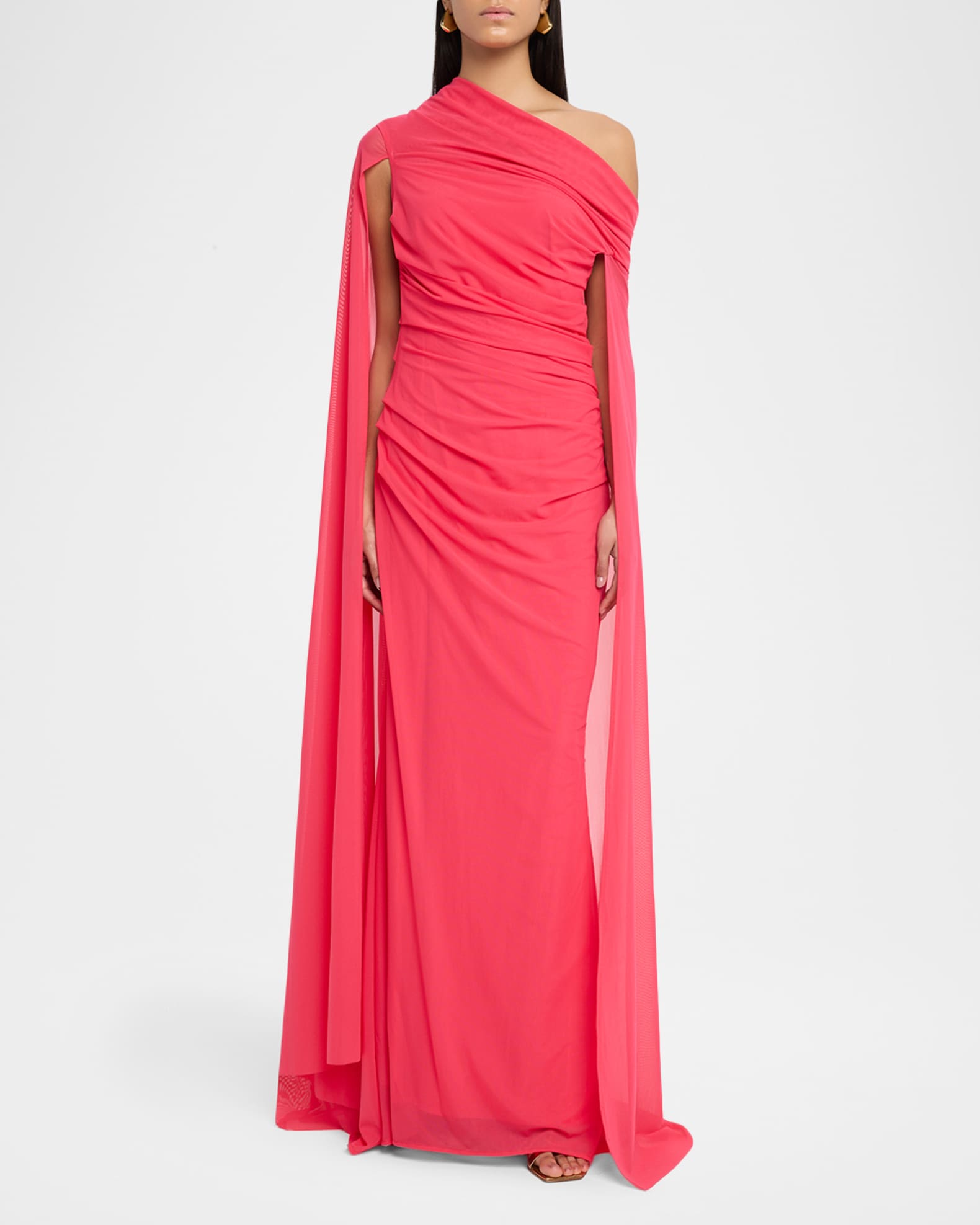 Talbot Runhof Ruched Off-The-Shoulder Mesh Cape Gown | Neiman Marcus