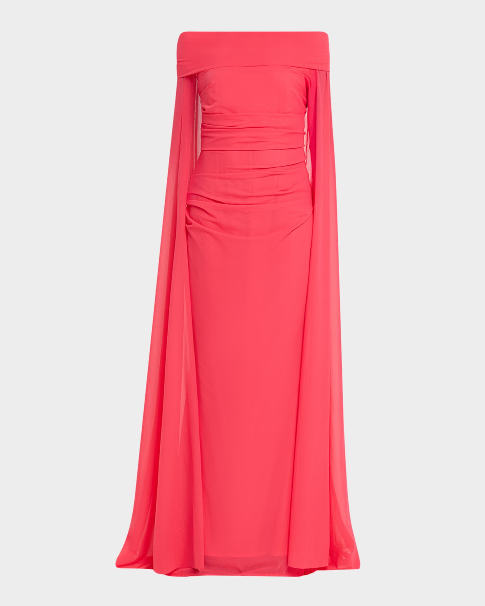 Talbot Runhof Ruched Off-The-Shoulder Mesh Cape Gown | Neiman Marcus